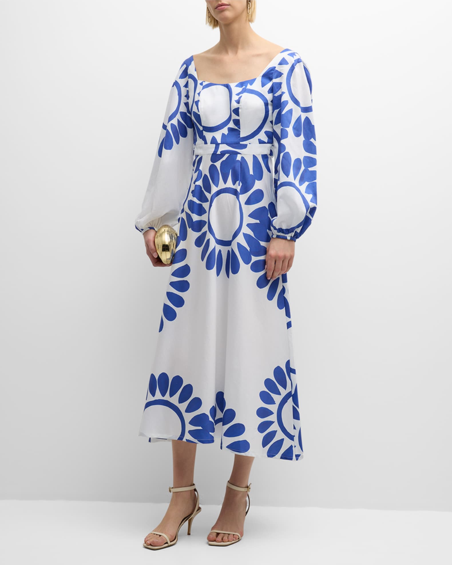 THEMIS Z Ino Floral-Print Blouson-Sleeve Midi Dress | Neiman Marcus