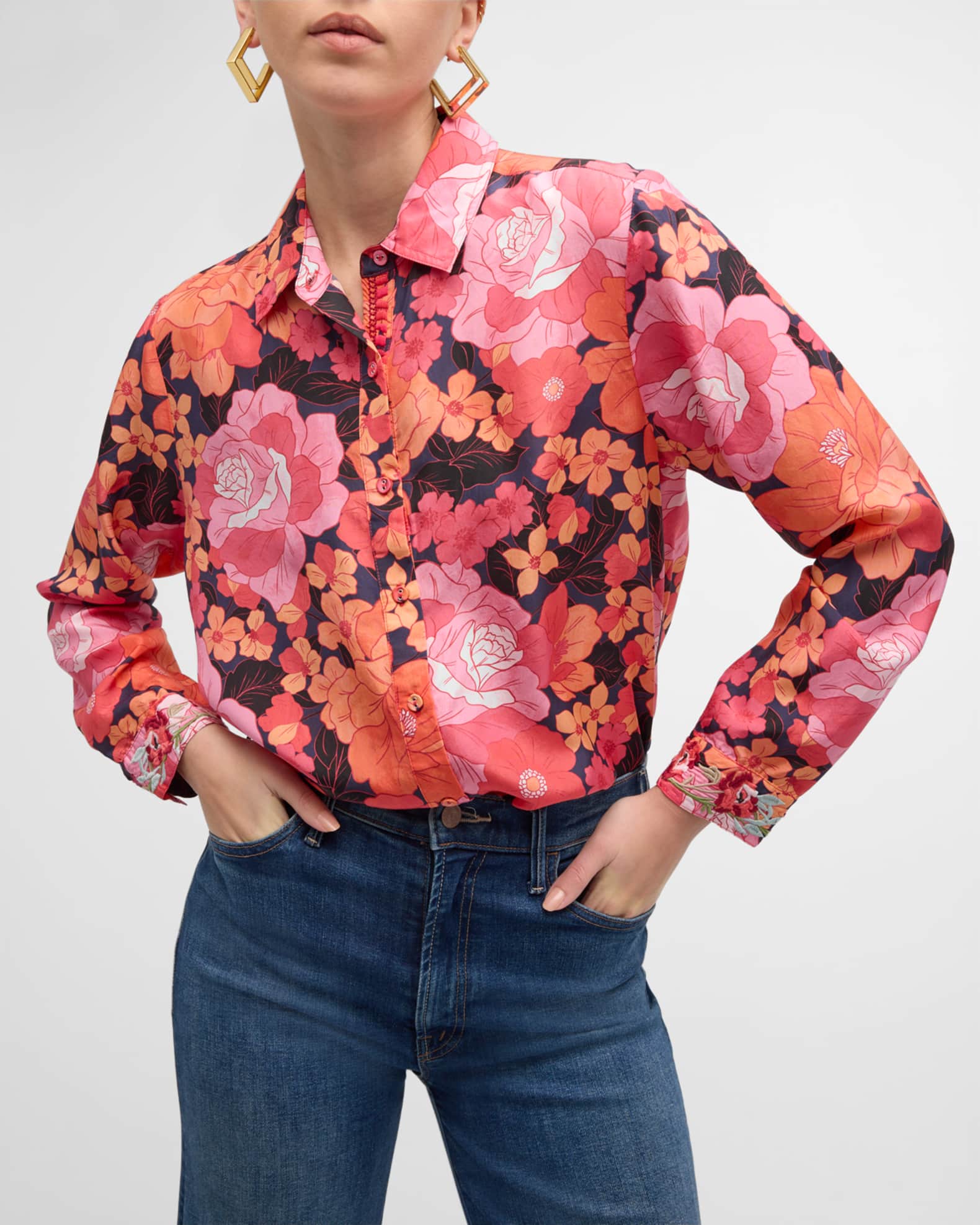 Johnny Was Becca Floral-Print Button-Down Silk Shirt | Neiman Marcus