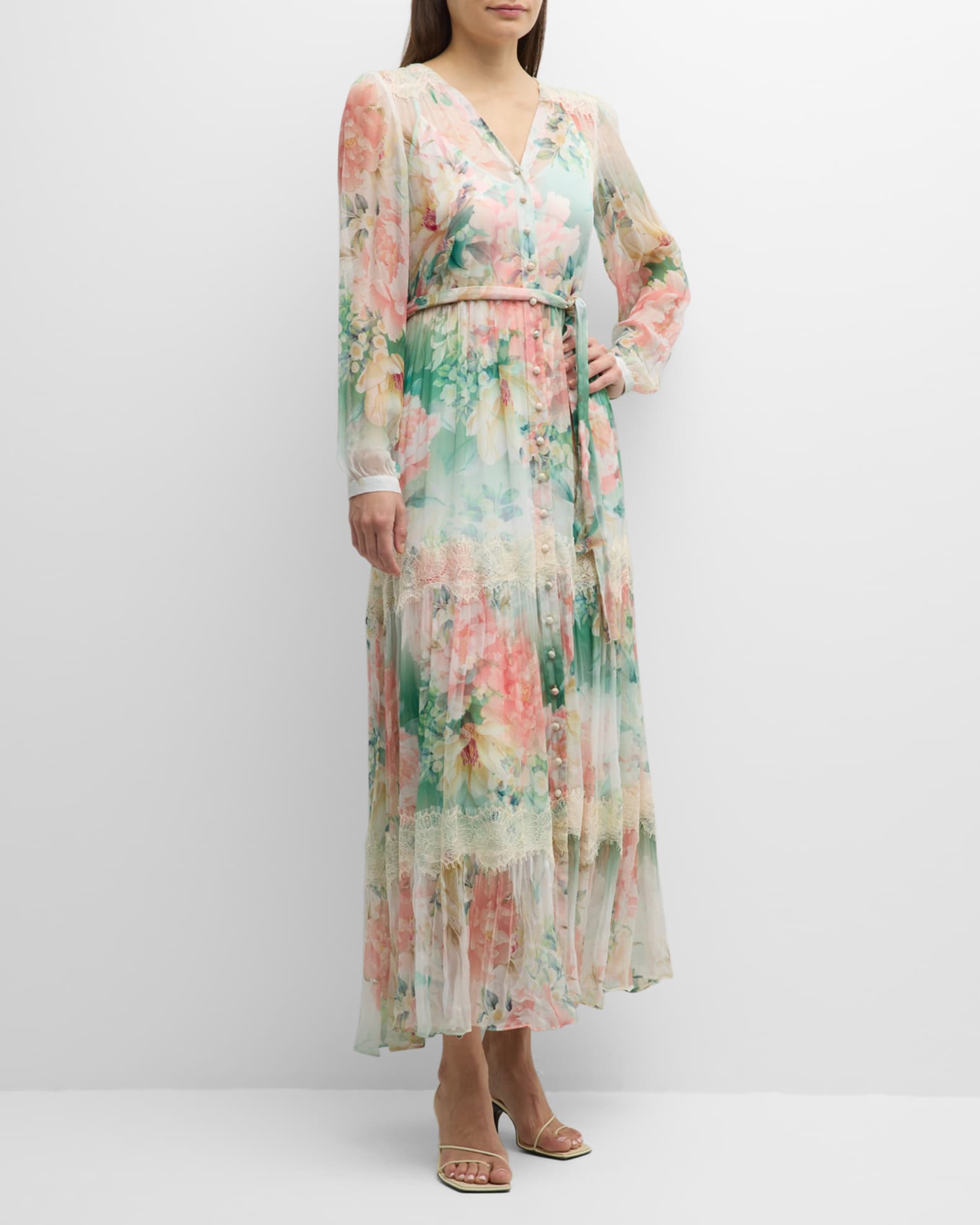 Johnny Was Ruksana Floral-Print Lace-Trim Maxi Dress | Neiman Marcus