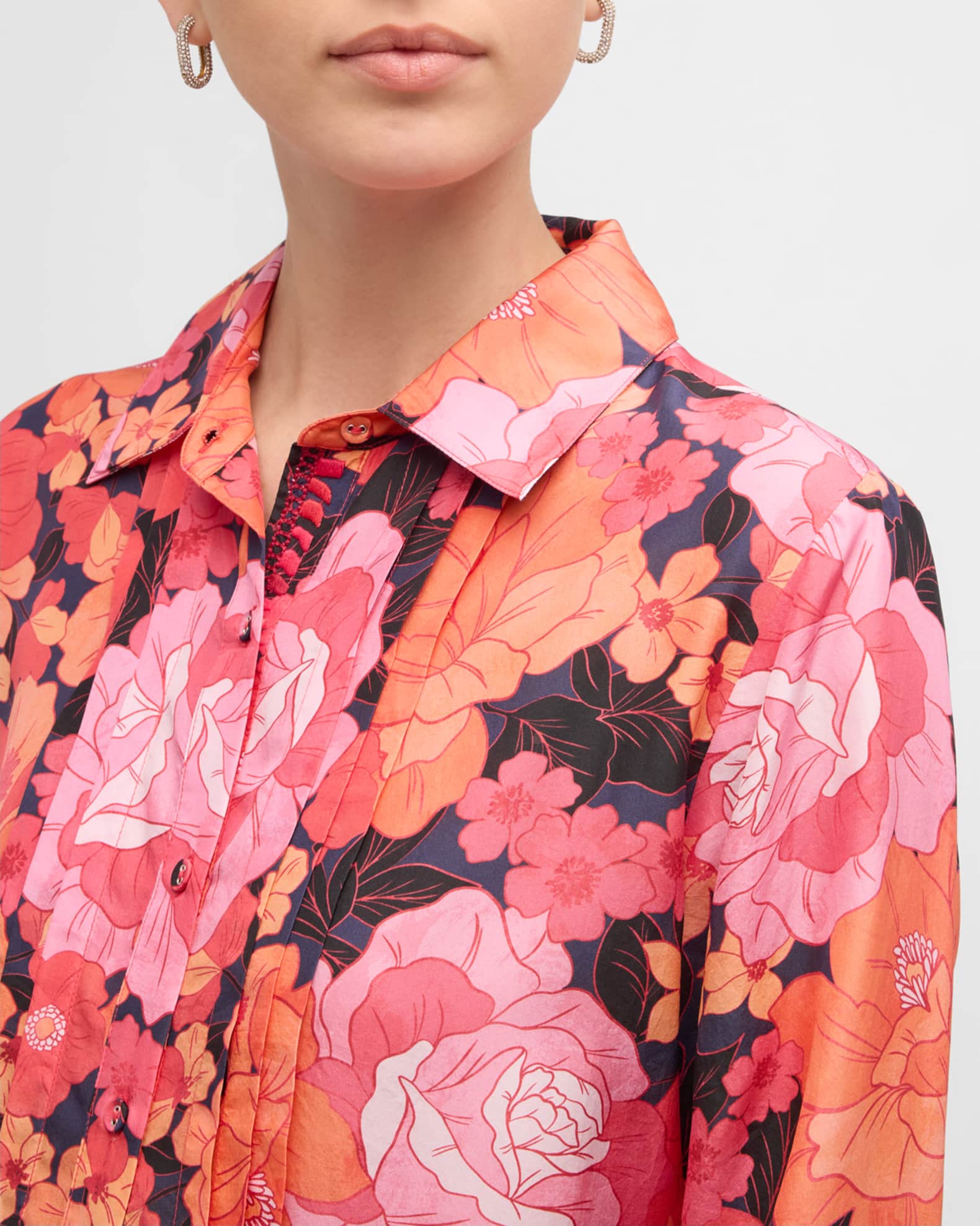 Johnny Was Becca Floral-Print Pintuck Silk Mini Shirtdress | Neiman Marcus
