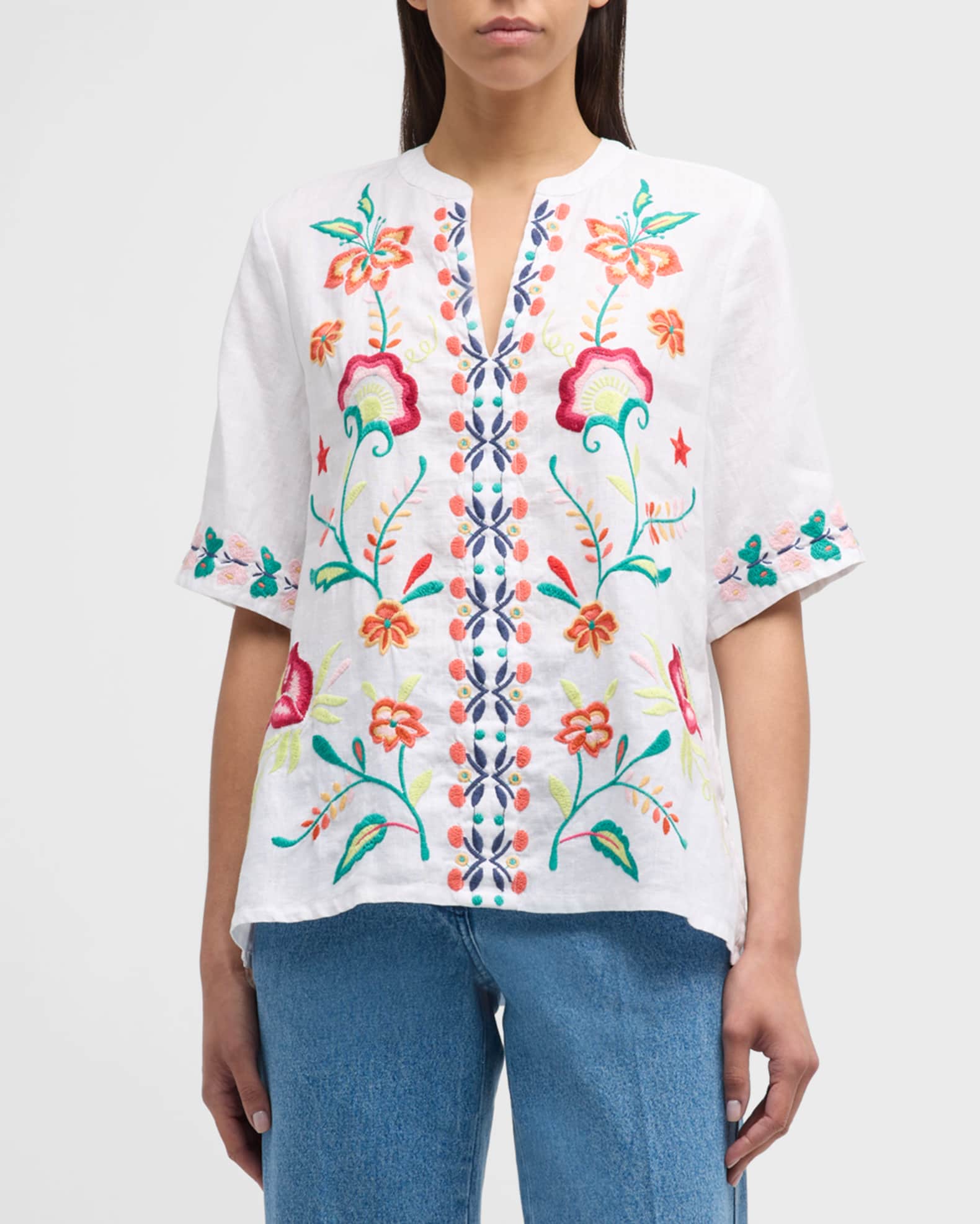 Johnny Was Averi Floral-Embroidered Linen Top | Neiman Marcus