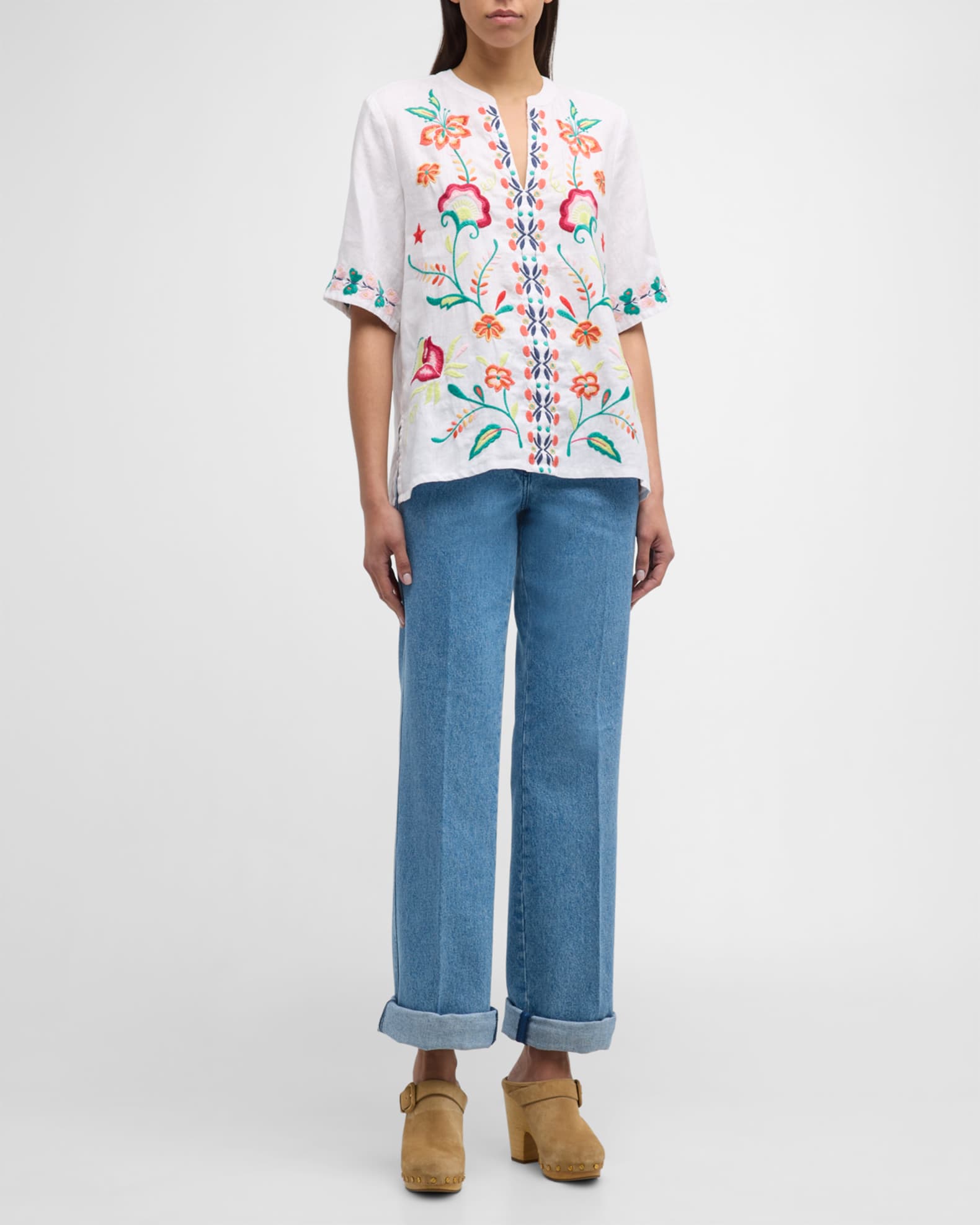 Johnny Was Averi Floral-Embroidered Linen Top | Neiman Marcus