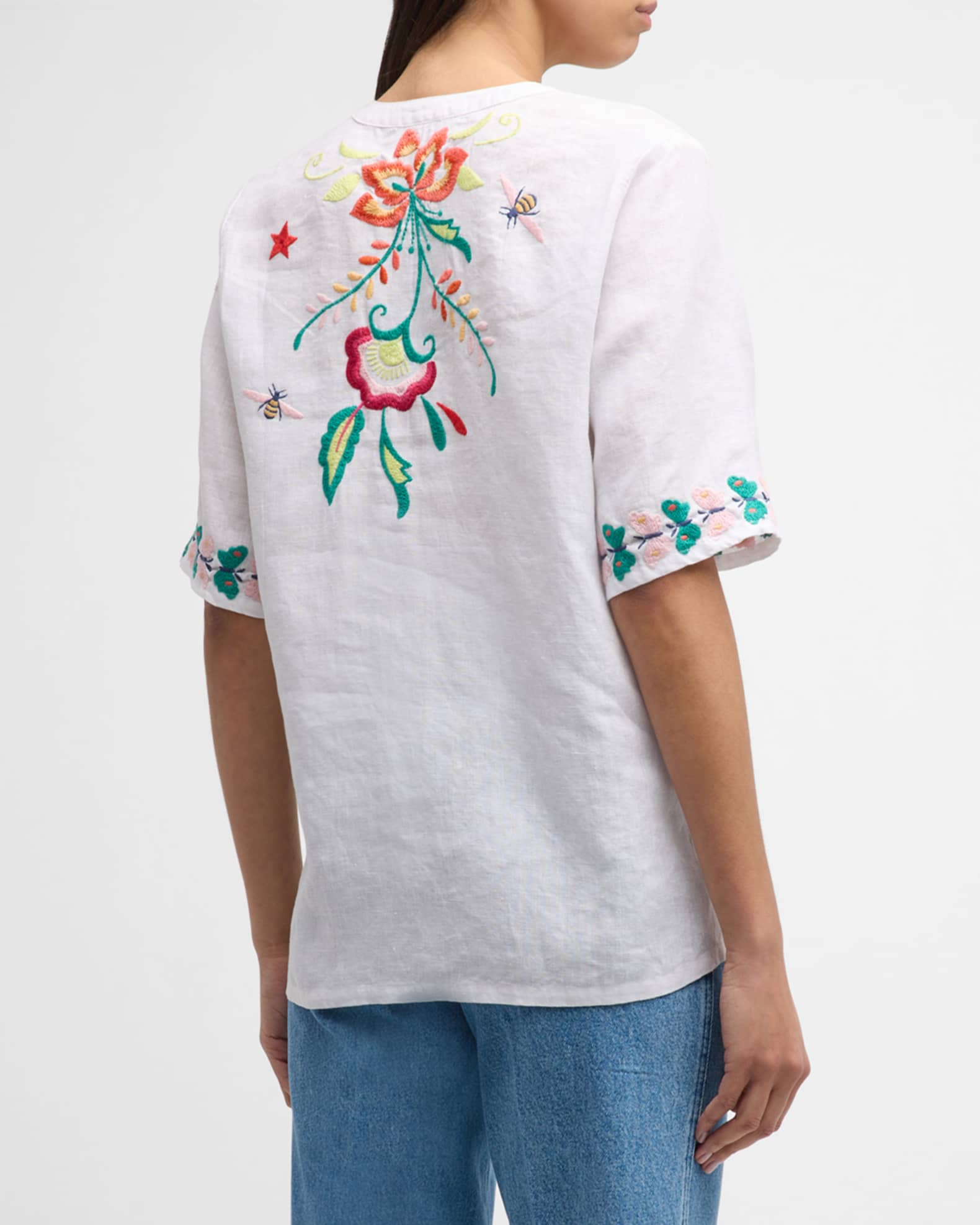 Johnny Was Averi Floral-Embroidered Linen Top | Neiman Marcus