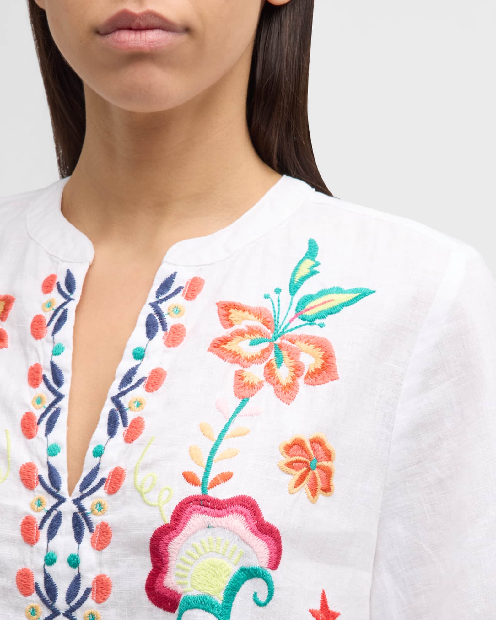Johnny Was Averi Floral-Embroidered Linen Top | Neiman Marcus