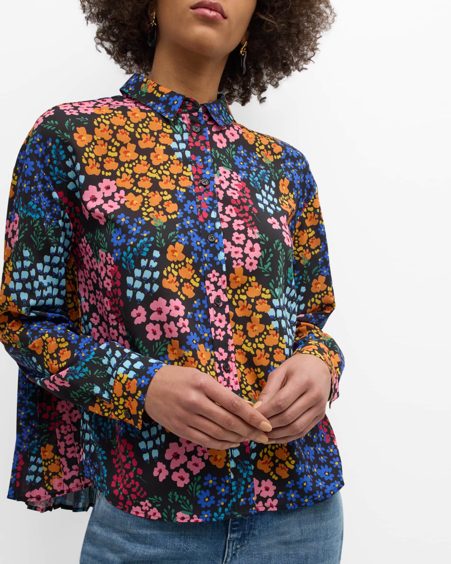 Johnny Was Astrid Pleated Floral-Print Button-Down Blouse | Neiman Marcus