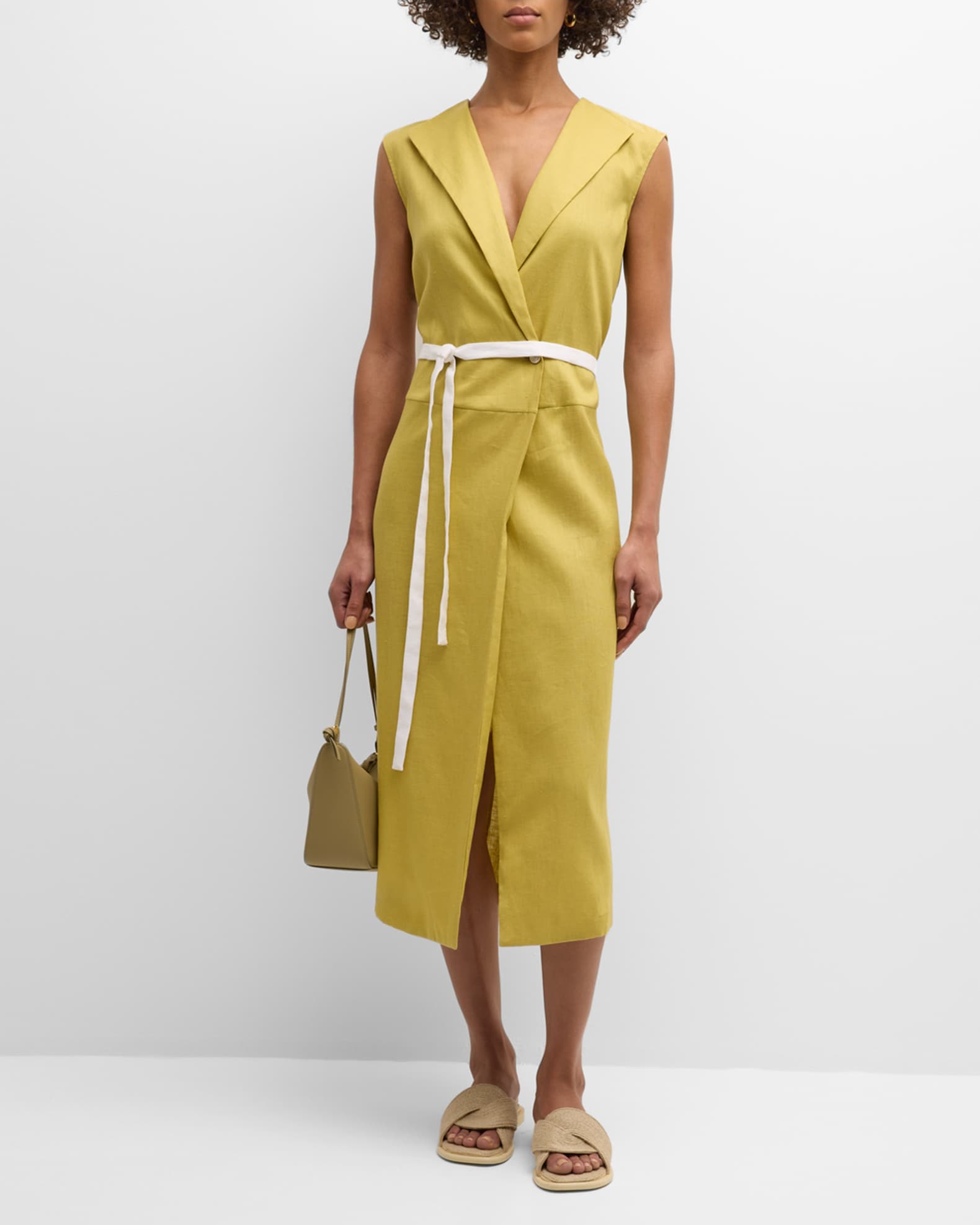 FABIANA FILIPPI Sleeveless Belted Linen Midi Wrap Dress | Neiman Marcus