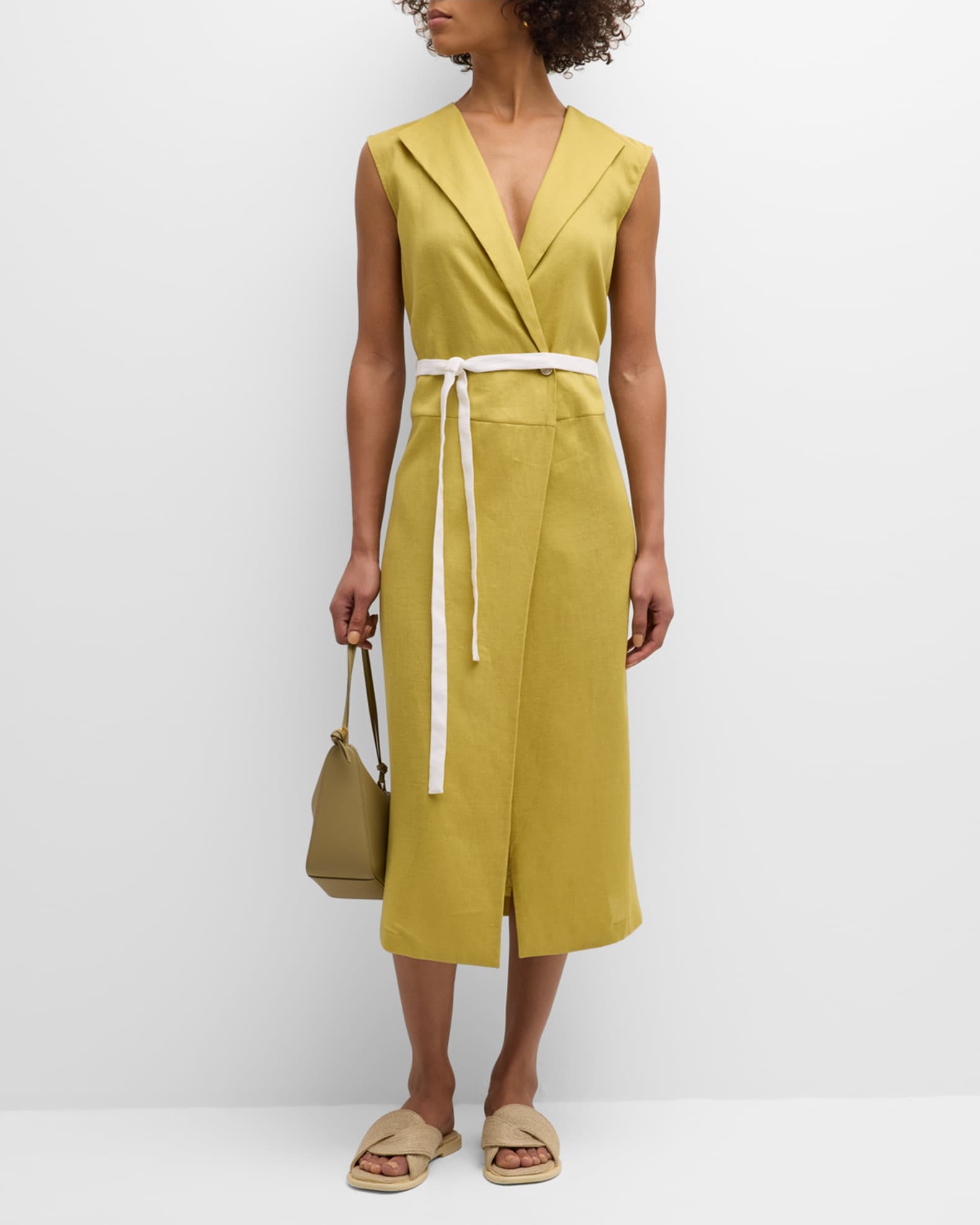 FABIANA FILIPPI Sleeveless Belted Linen Midi Wrap Dress | Neiman Marcus