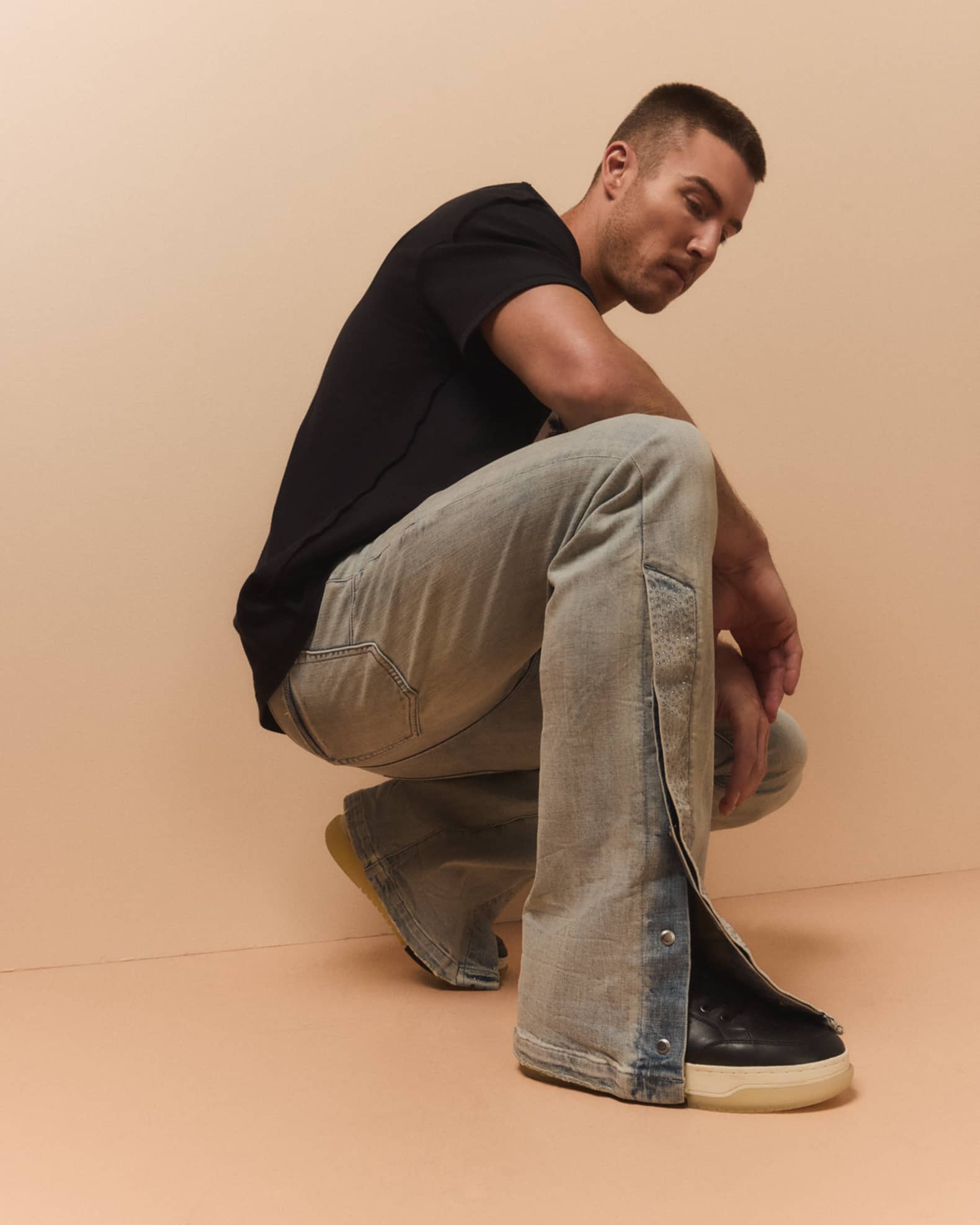 PURPLE Men's Crystal Side-Snap Flare Jeans | Neiman Marcus