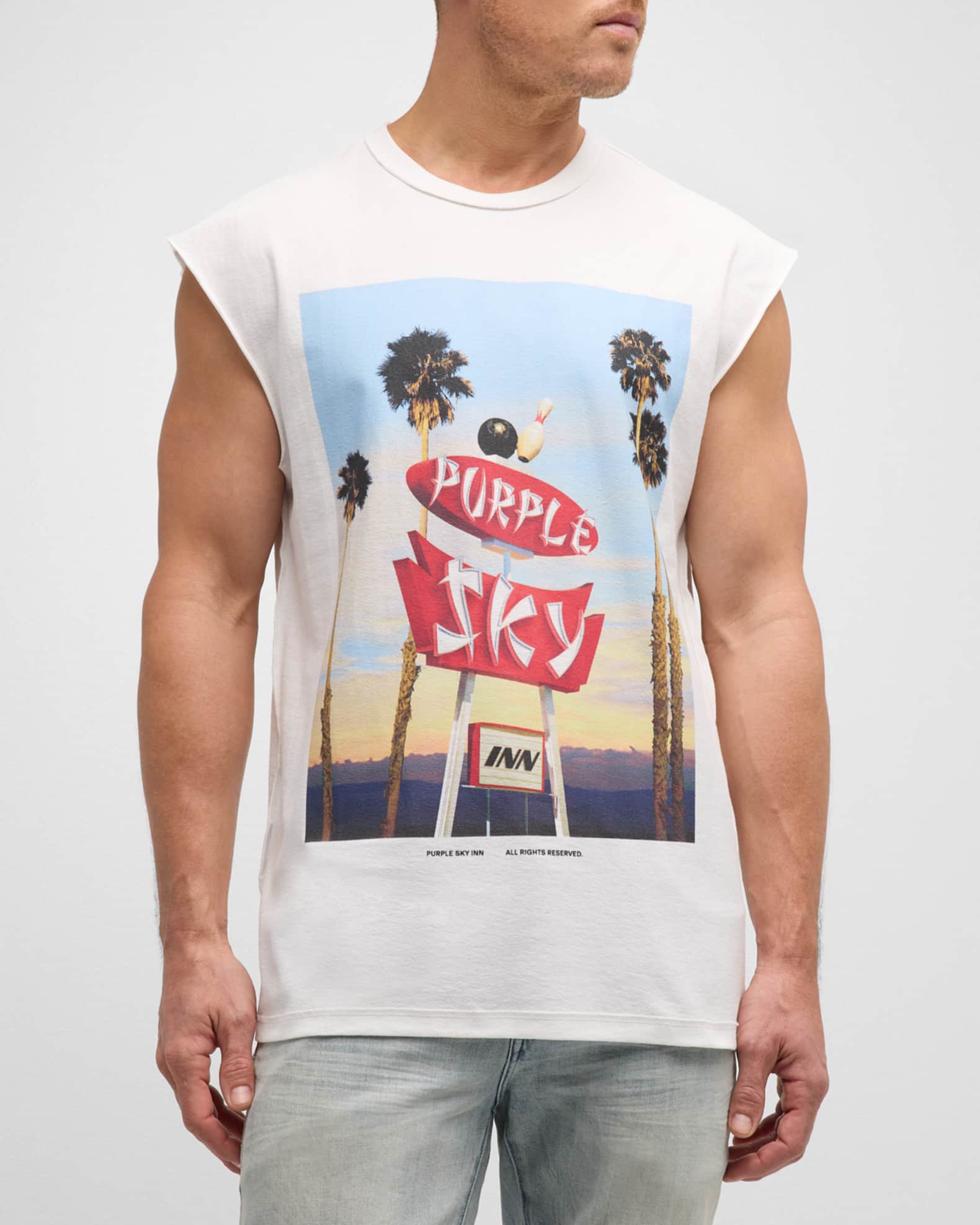 PURPLE x Blue Sky Men's Printed Muscle Top | Neiman Marcus
