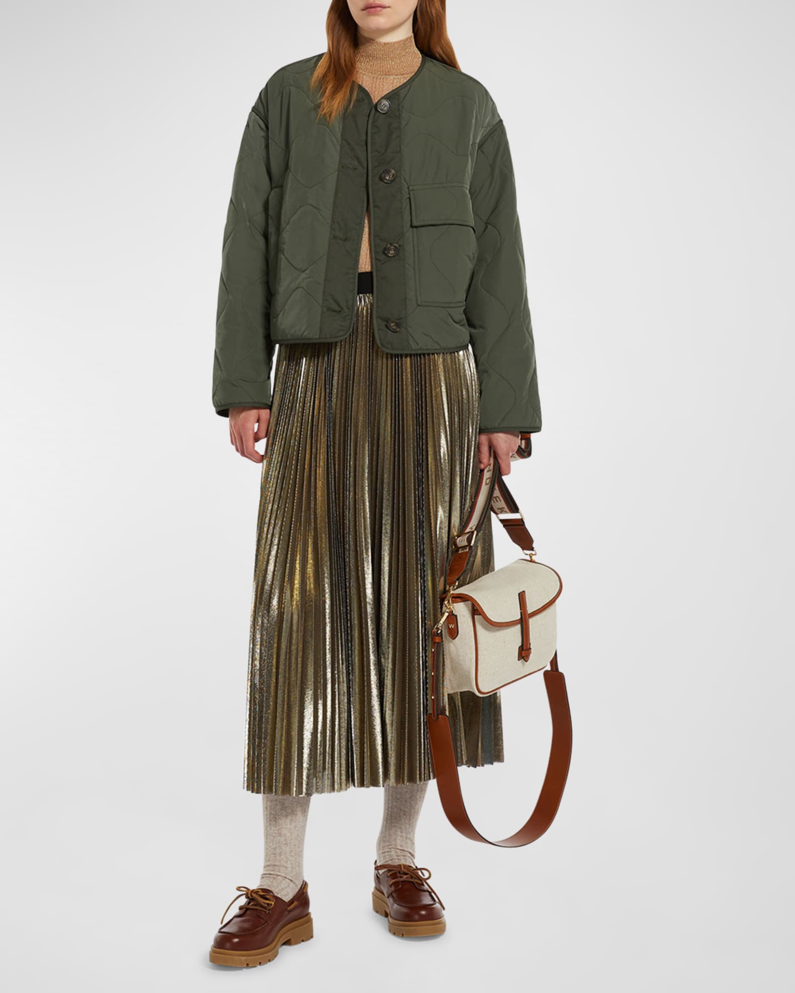 Weekend Max Mara Nurra Pleated Metallic A-Line Midi Skirt | Neiman Marcus