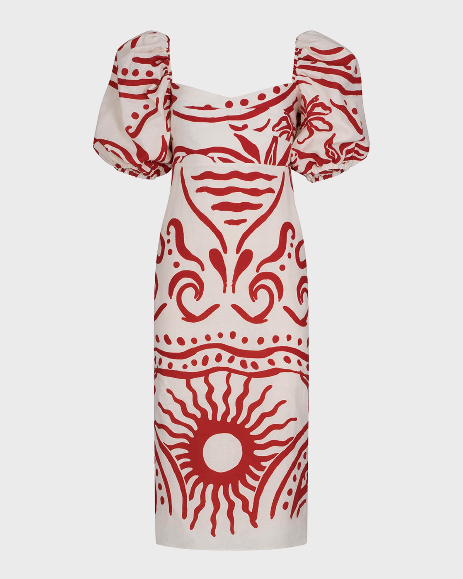 Cala de la Cruz Uti Linen Puff-Sleeve Midi Sheath Dress | Neiman Marcus