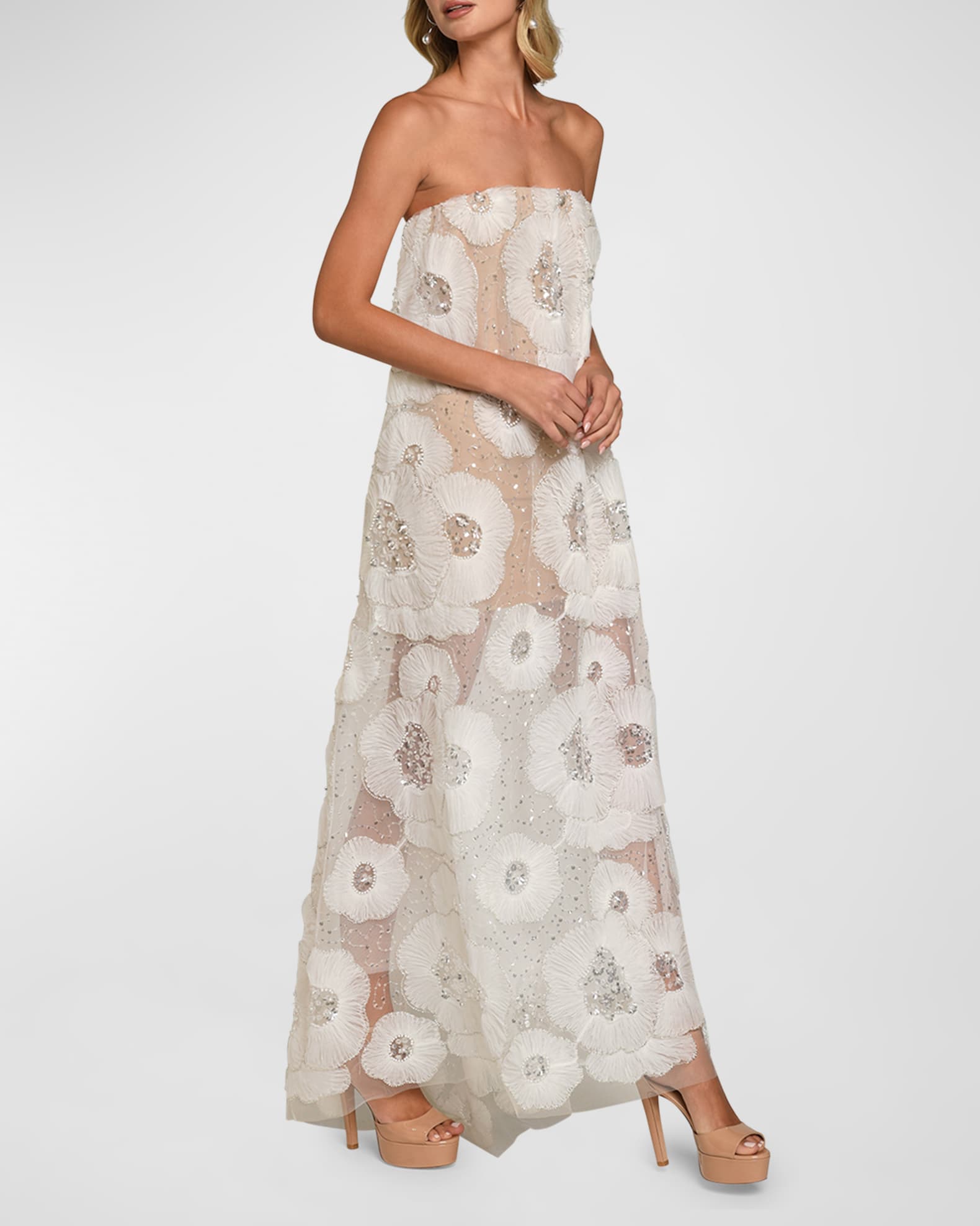 HELSI Margot Strapless Beaded Floral Tulle Gown | Neiman Marcus