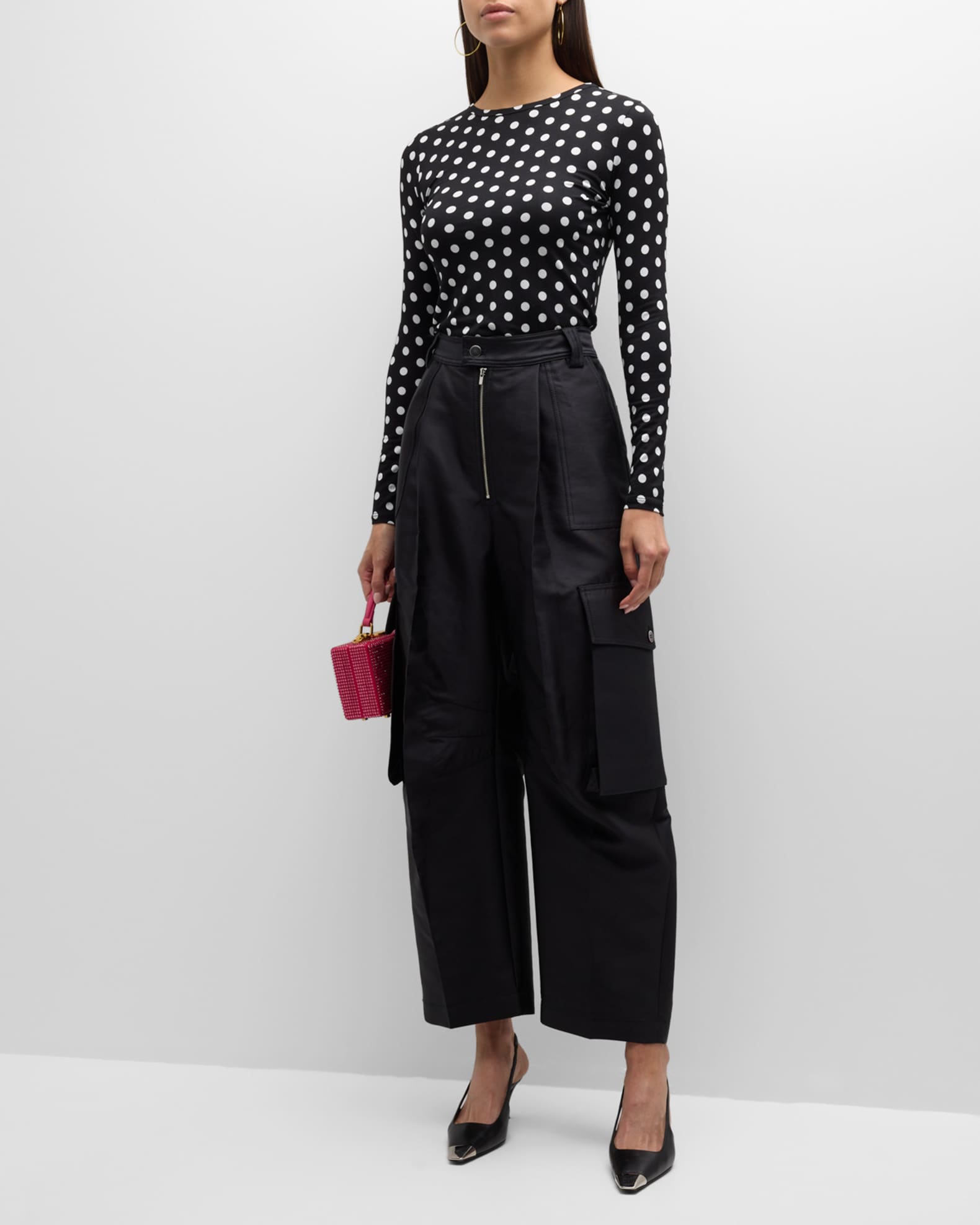 Alice + Olivia Delaina Polka Dot Crewneck Long-Sleeve Top | Neiman Marcus