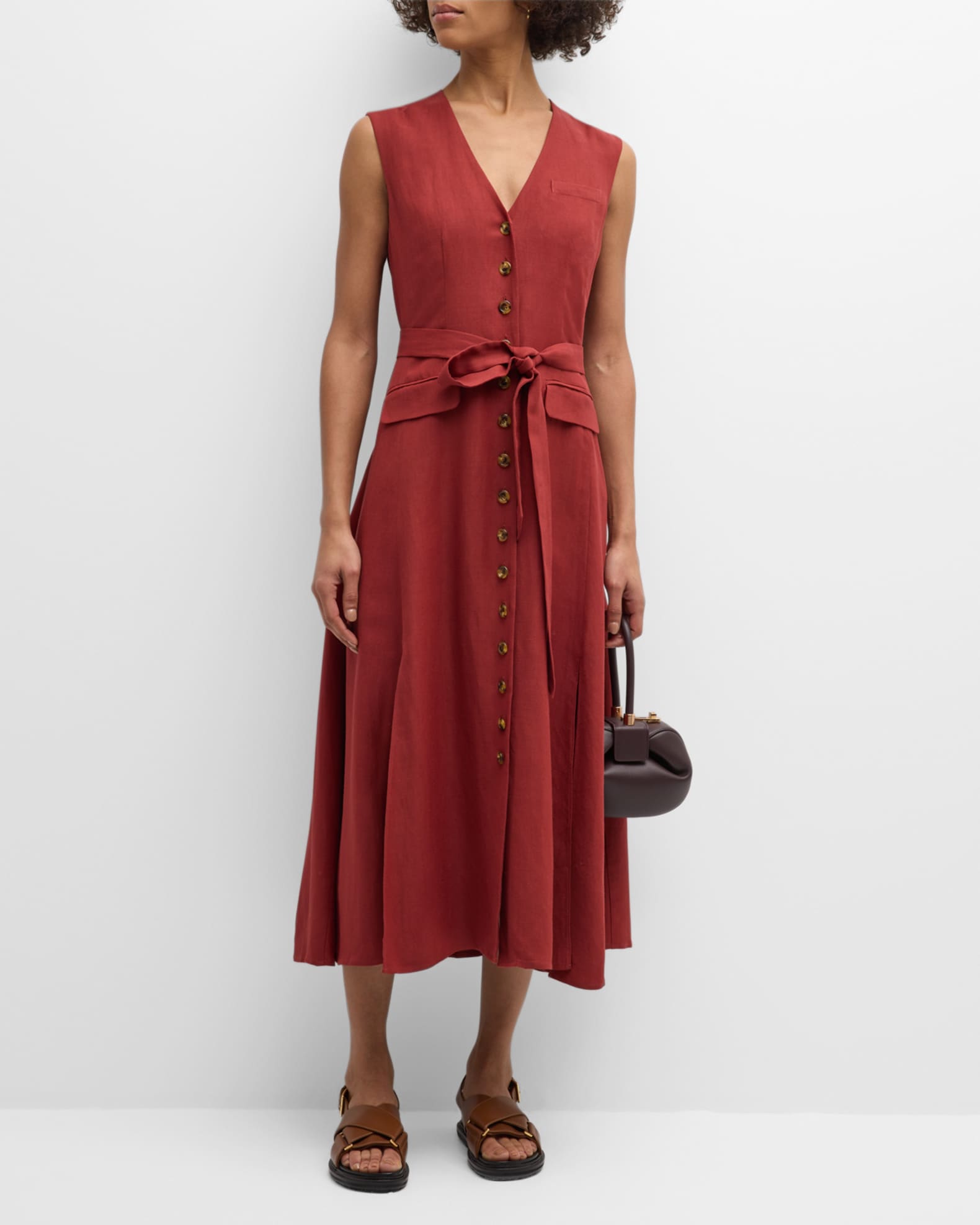 ARGENT Belted Button-Front Twill Vest Midi Dress | Neiman Marcus