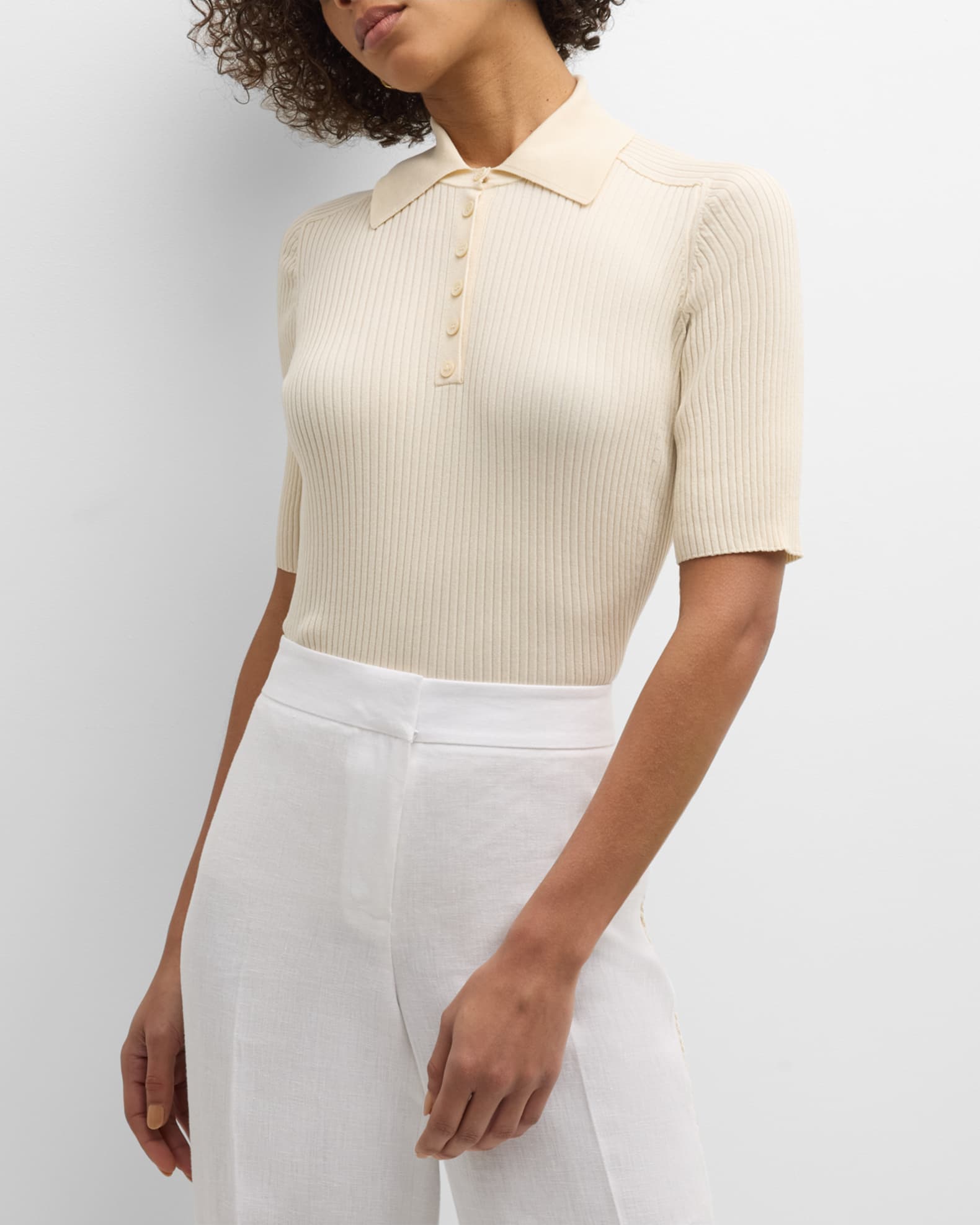 Lafayette 148 New York Ribbed Elbow-Sleeve Polo | Neiman Marcus