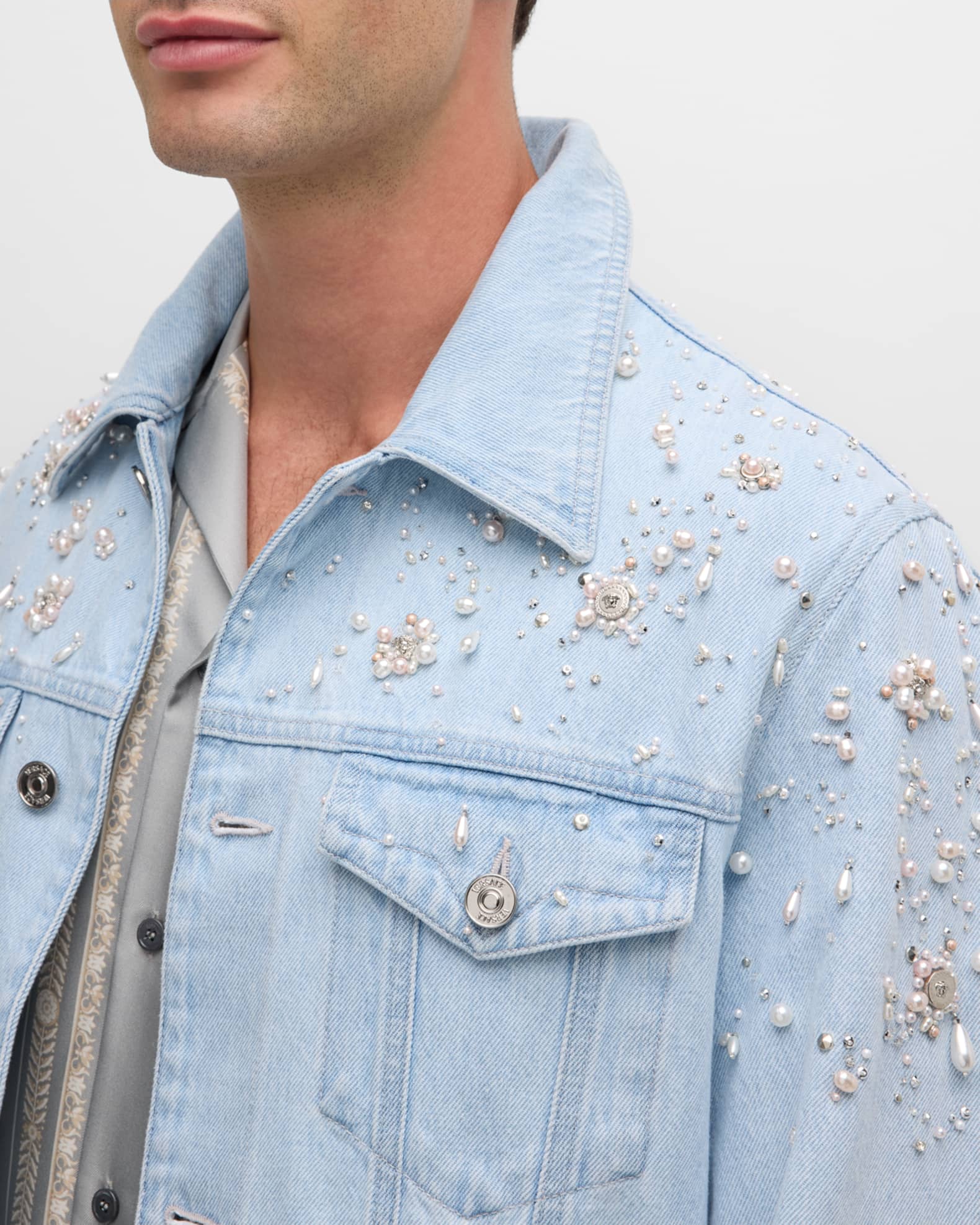 Versace Men's Pearly Embellished Denim Jacket | Neiman Marcus