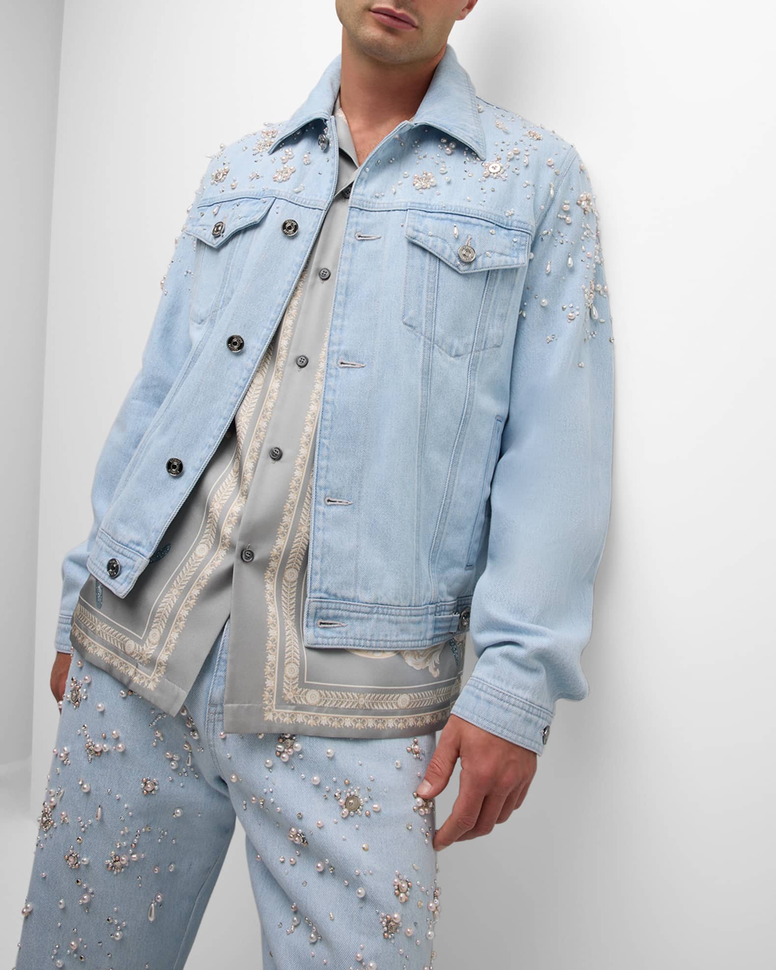 Versace Men's Pearly Embellished Denim Jacket | Neiman Marcus