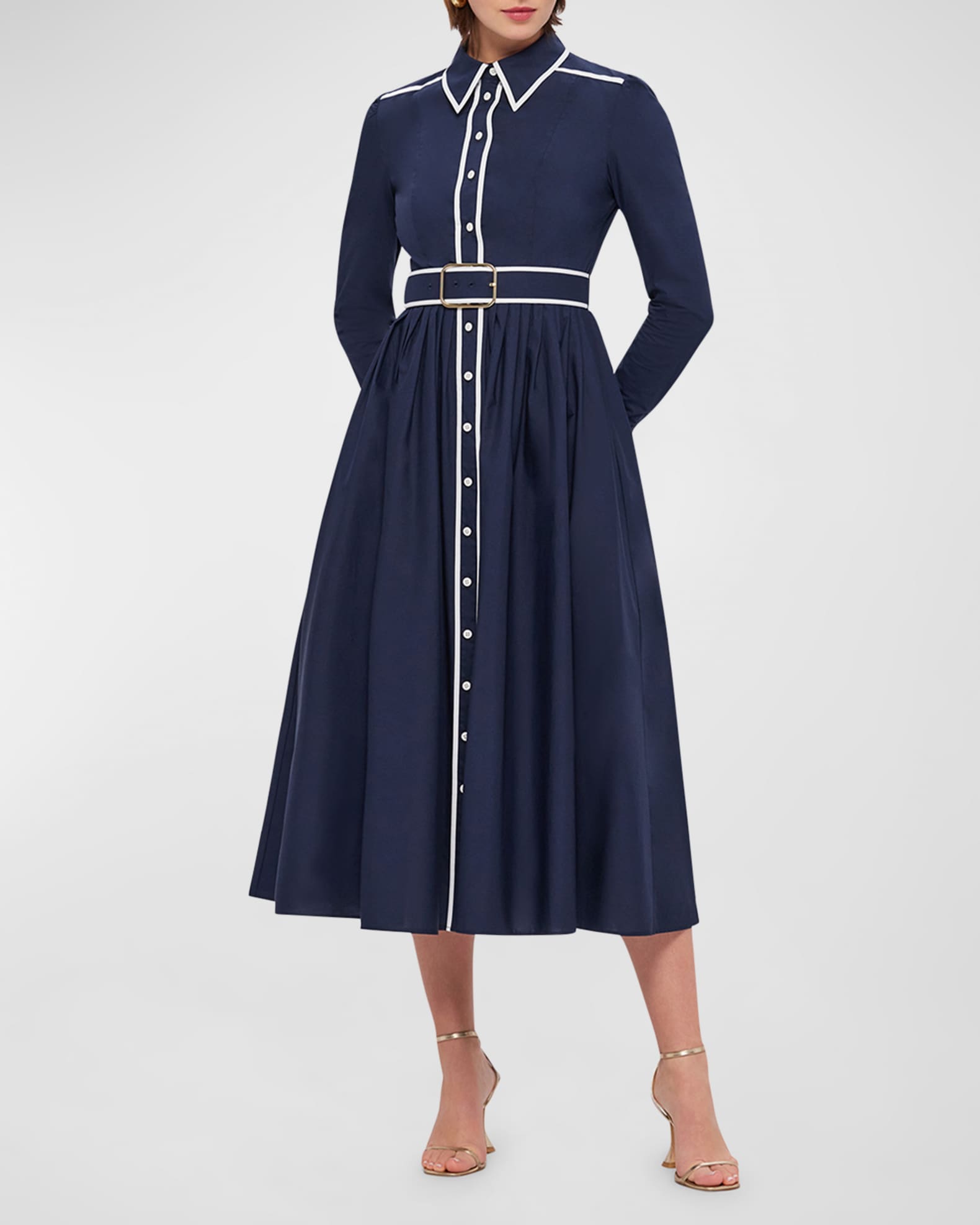 LEO LIN Veronica Belted Two-Tone Cotton Midi Shirt Dress | Neiman Marcus