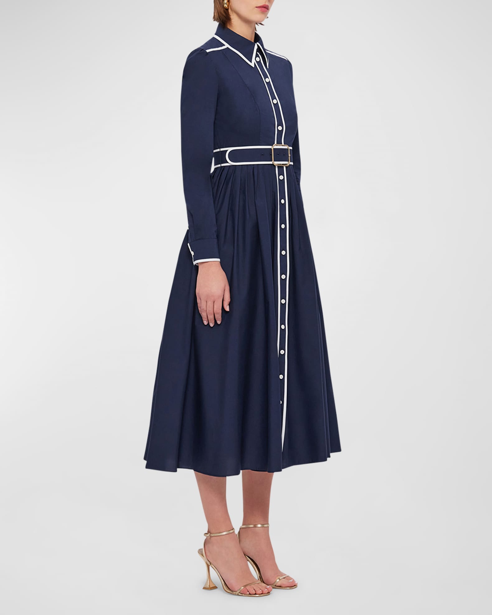 LEO LIN Veronica Belted Two-Tone Cotton Midi Shirt Dress | Neiman Marcus