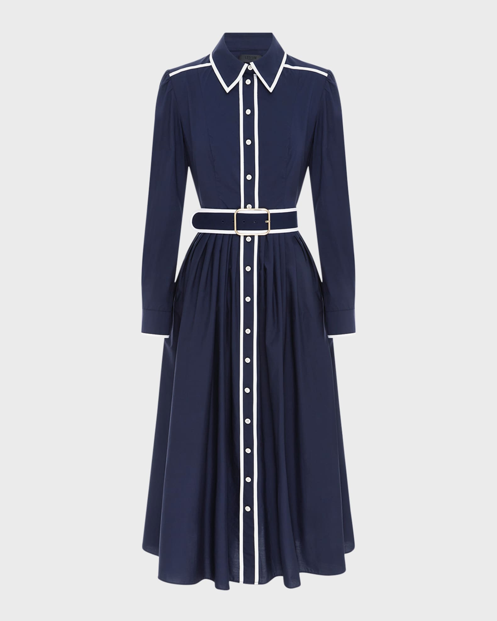 LEO LIN Veronica Belted Two-Tone Cotton Midi Shirt Dress | Neiman Marcus