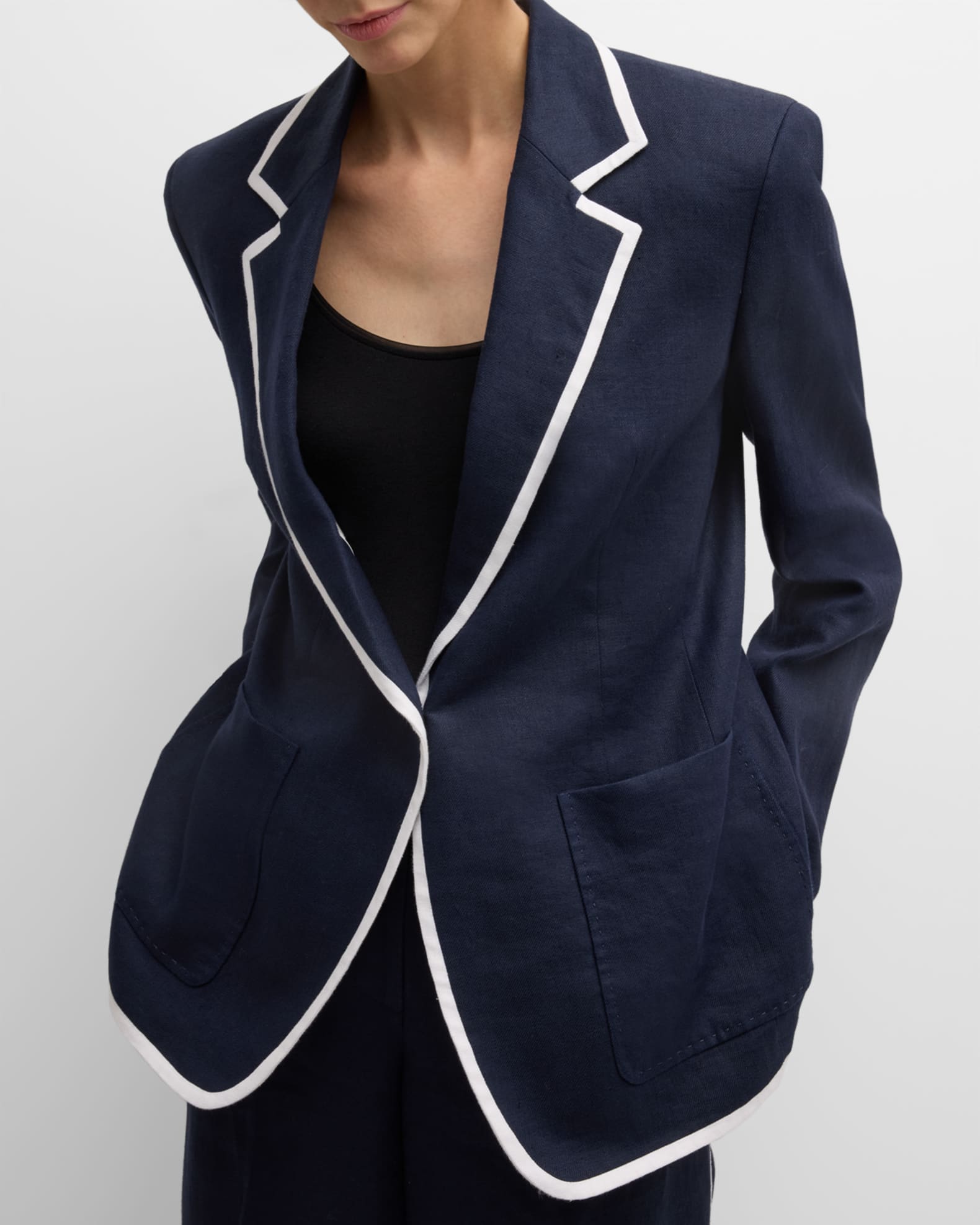Lafayette 148 New York Single-Button Contrast-Trim Blazer | Neiman Marcus
