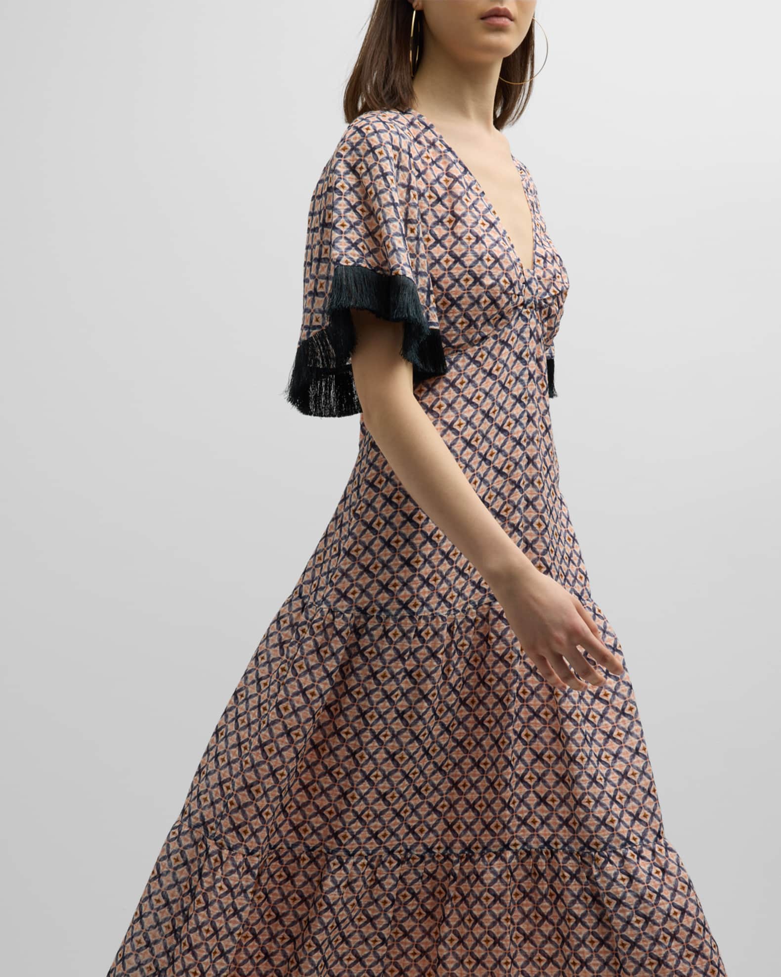 Marie Oliver Bernadette Geometric-Print Fringe Maxi Dress | Neiman Marcus