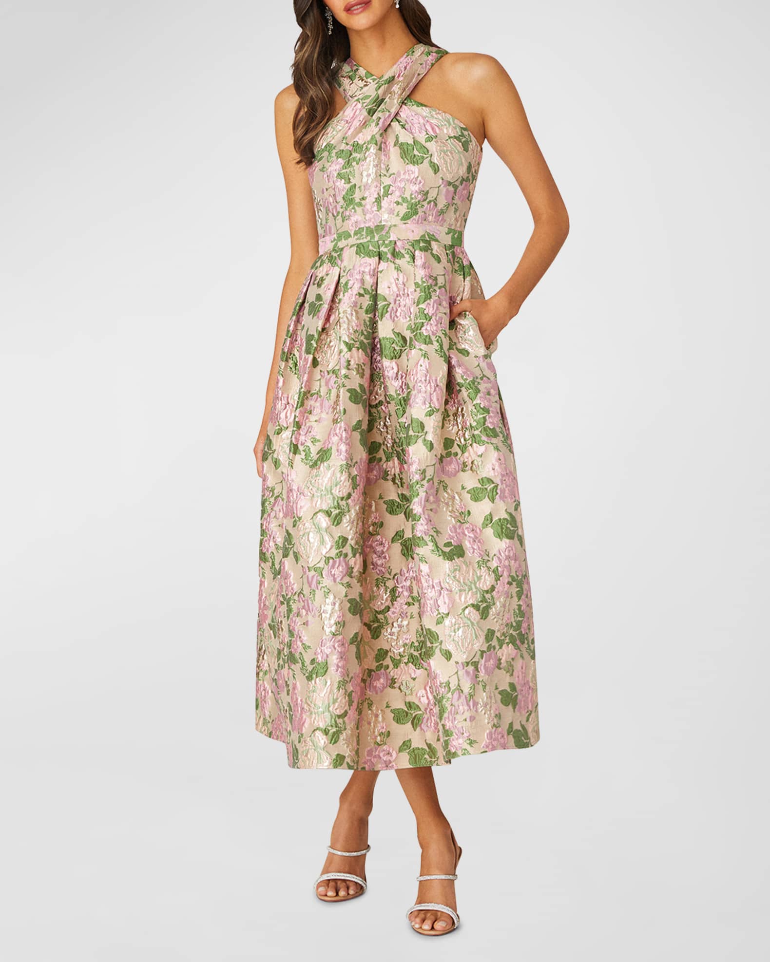 Shoshanna Ivanna Pleated Floral Jacquard Midi Dress | Neiman Marcus