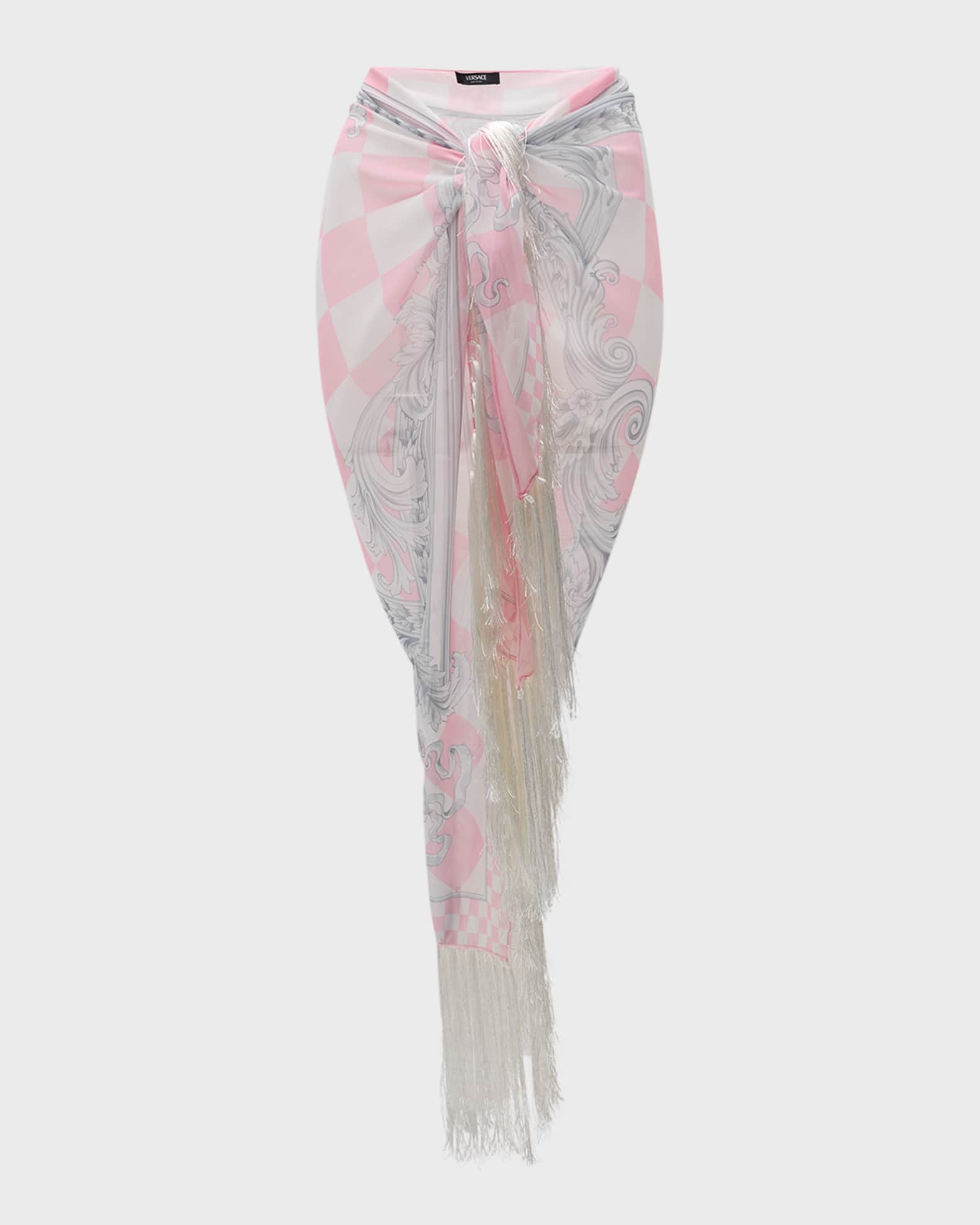 Versace Barocco Damier Print Fringe-Trim Pareo Coverup | Neiman Marcus