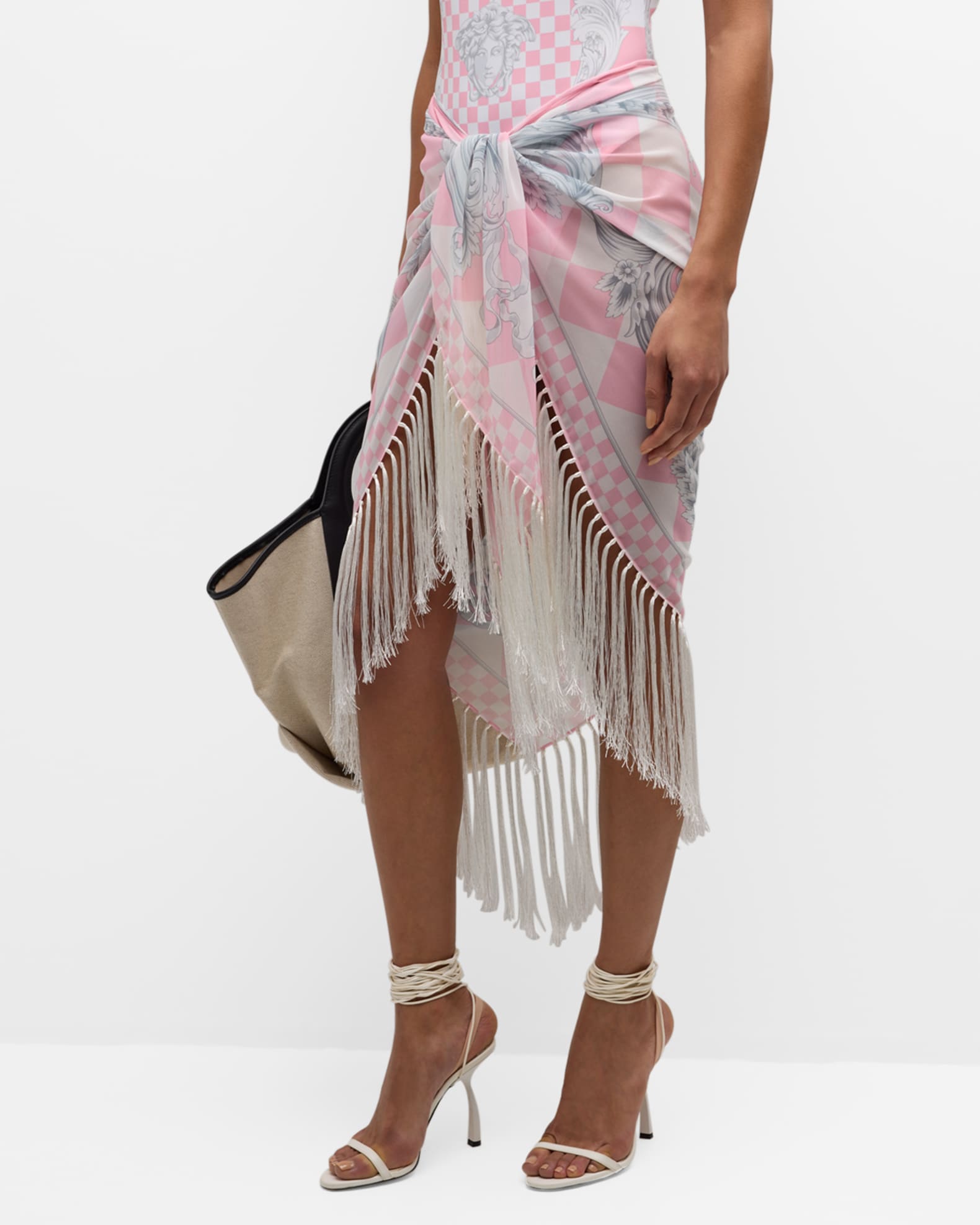 Versace Barocco Damier Print Fringe-Trim Pareo Coverup | Neiman Marcus
