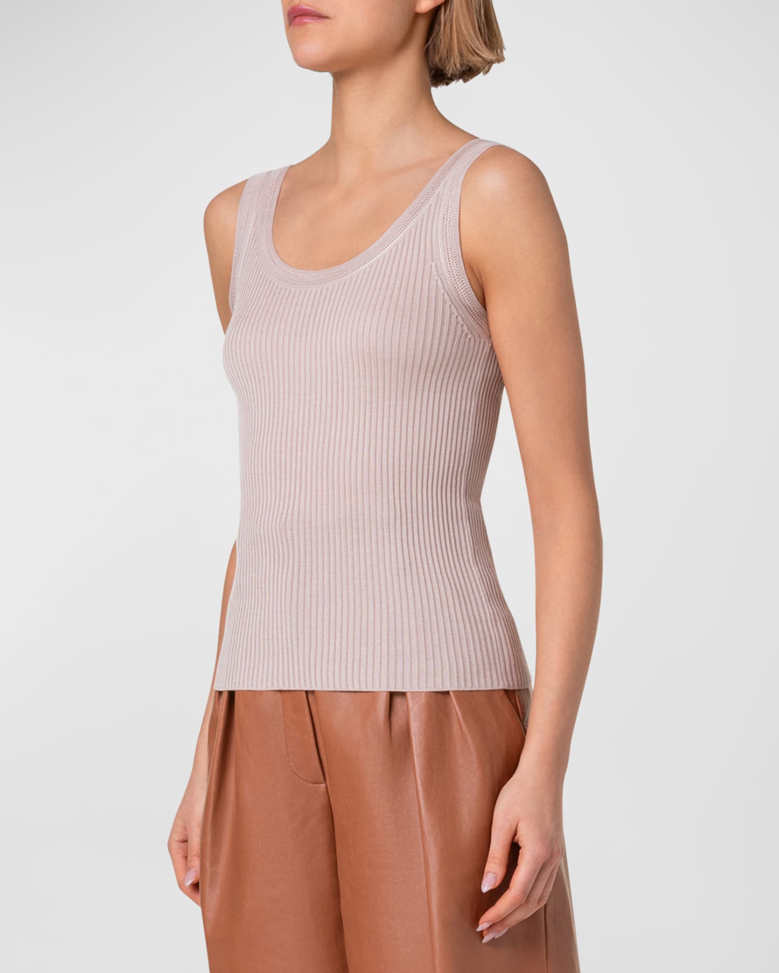 Akris Ribbed Knit Silk Tank Top with Knitted Lace Trim | Neiman Marcus