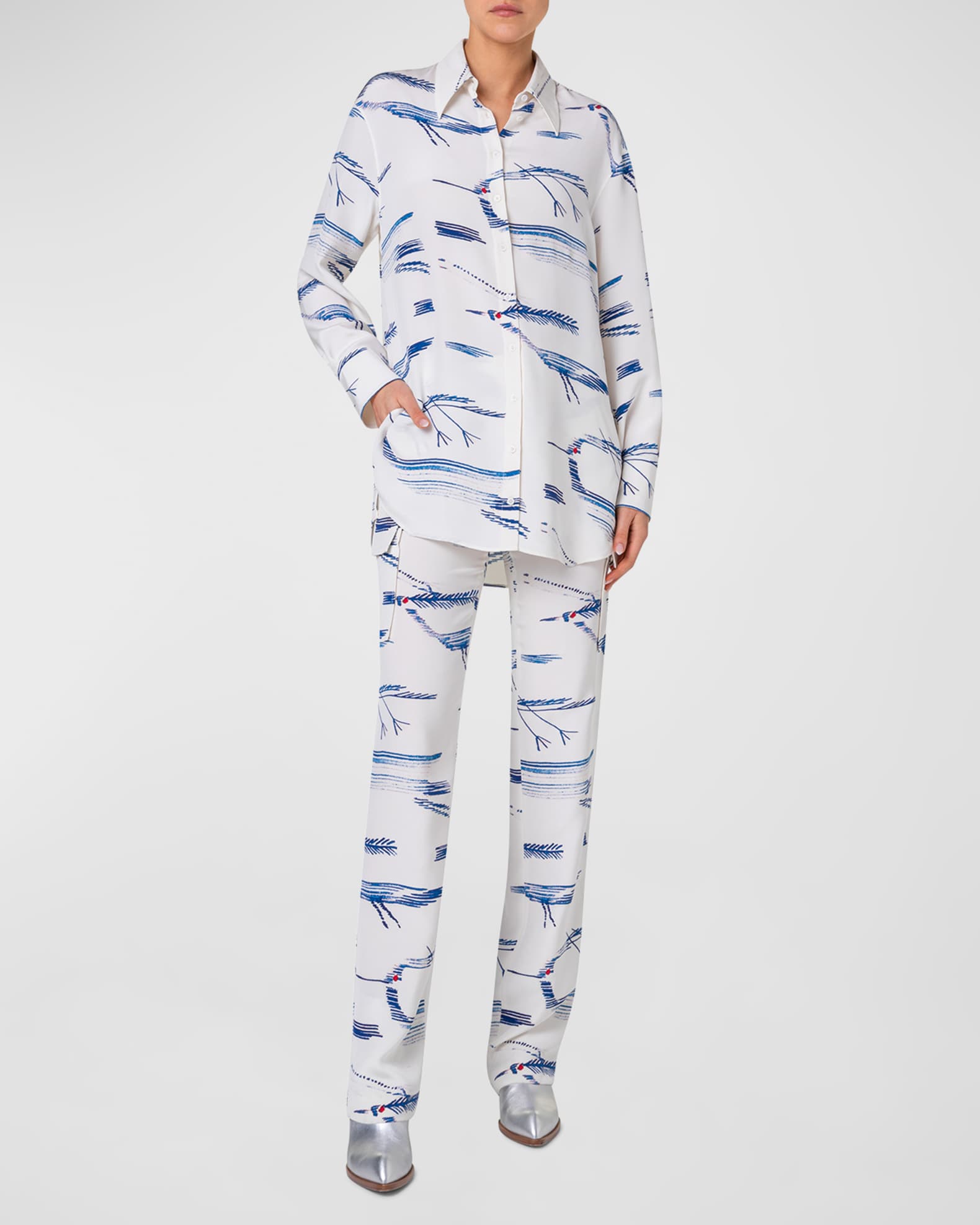 Akris Silk Kasuri Birds Printed Button-Front Blouse | Neiman Marcus