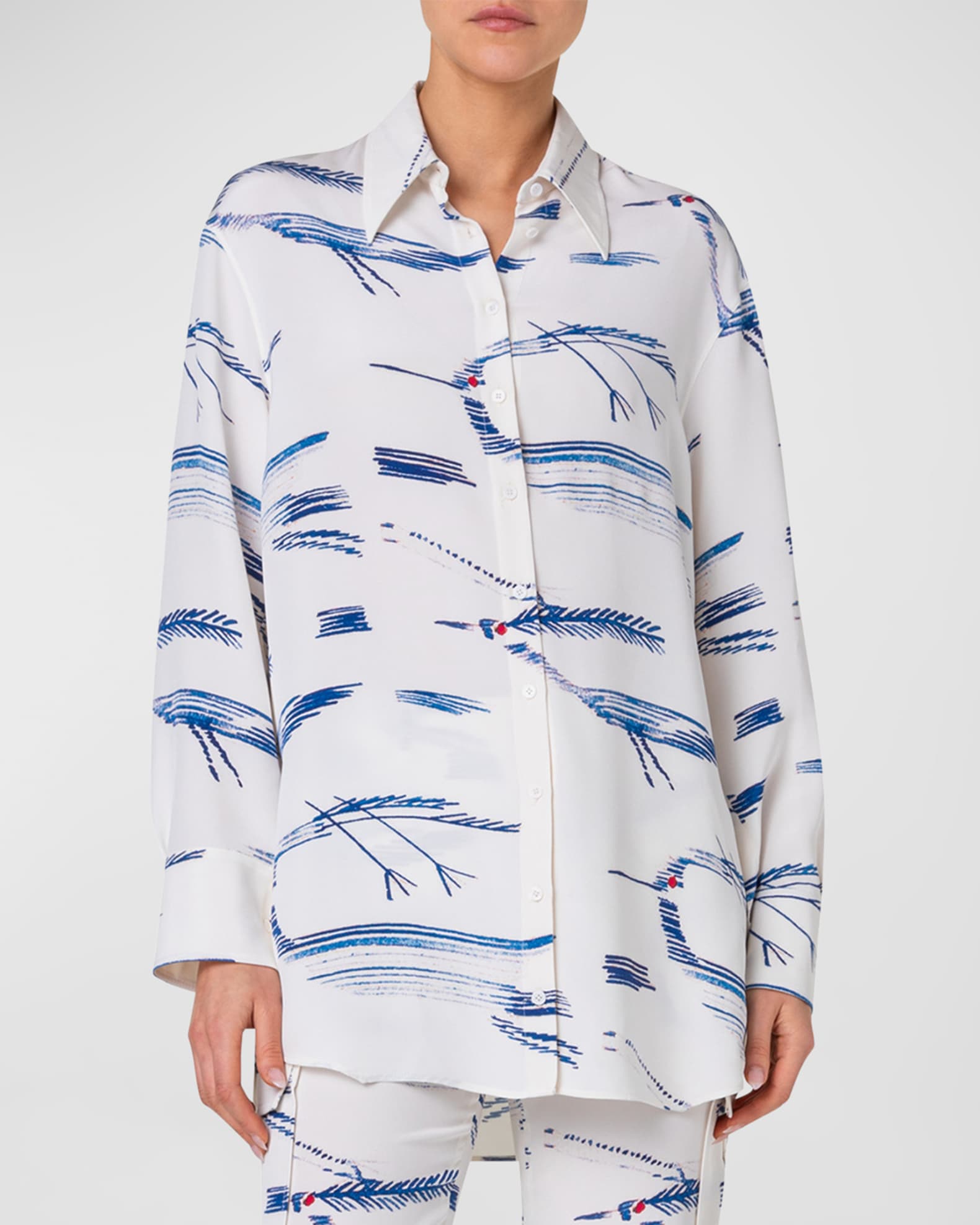 Akris Silk Kasuri Birds Printed Button-Front Blouse | Neiman Marcus