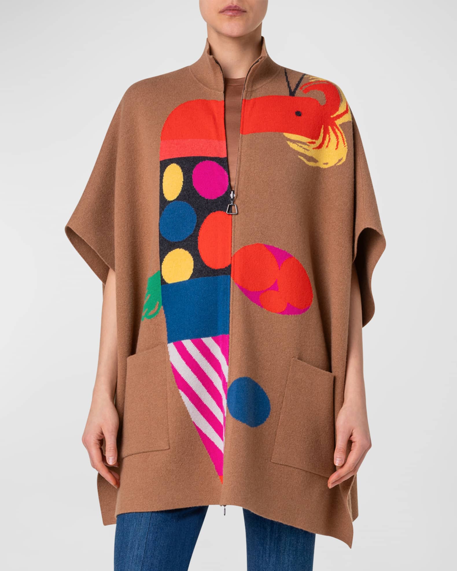 Akris Reversible Rooster Intarsia Cashmere Double-Face Knit Cape ...