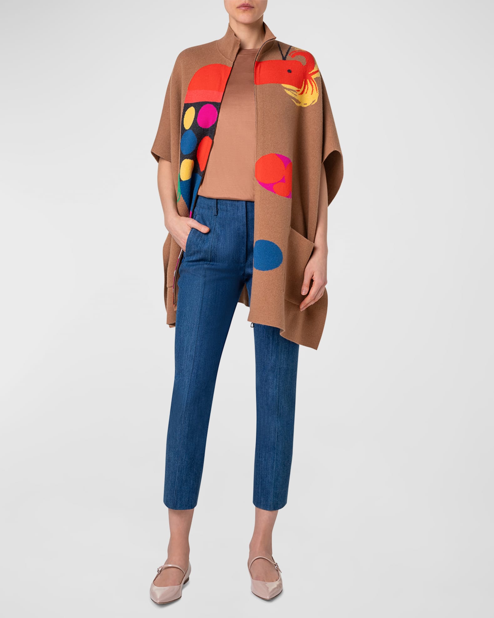 Akris Reversible Rooster Intarsia Cashmere Double-Face Knit Cape ...