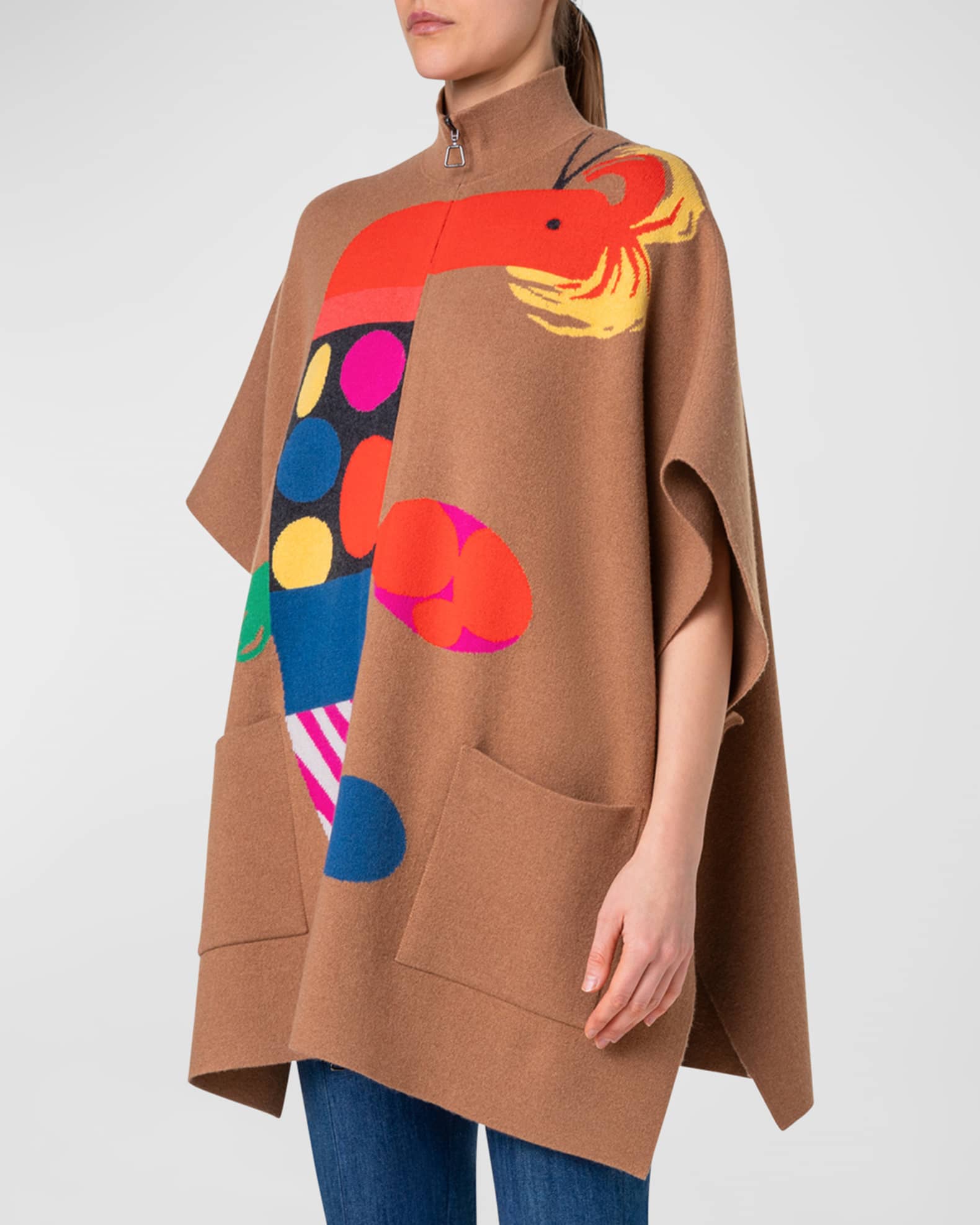 Akris Reversible Rooster Intarsia Cashmere Double-Face Knit Cape ...