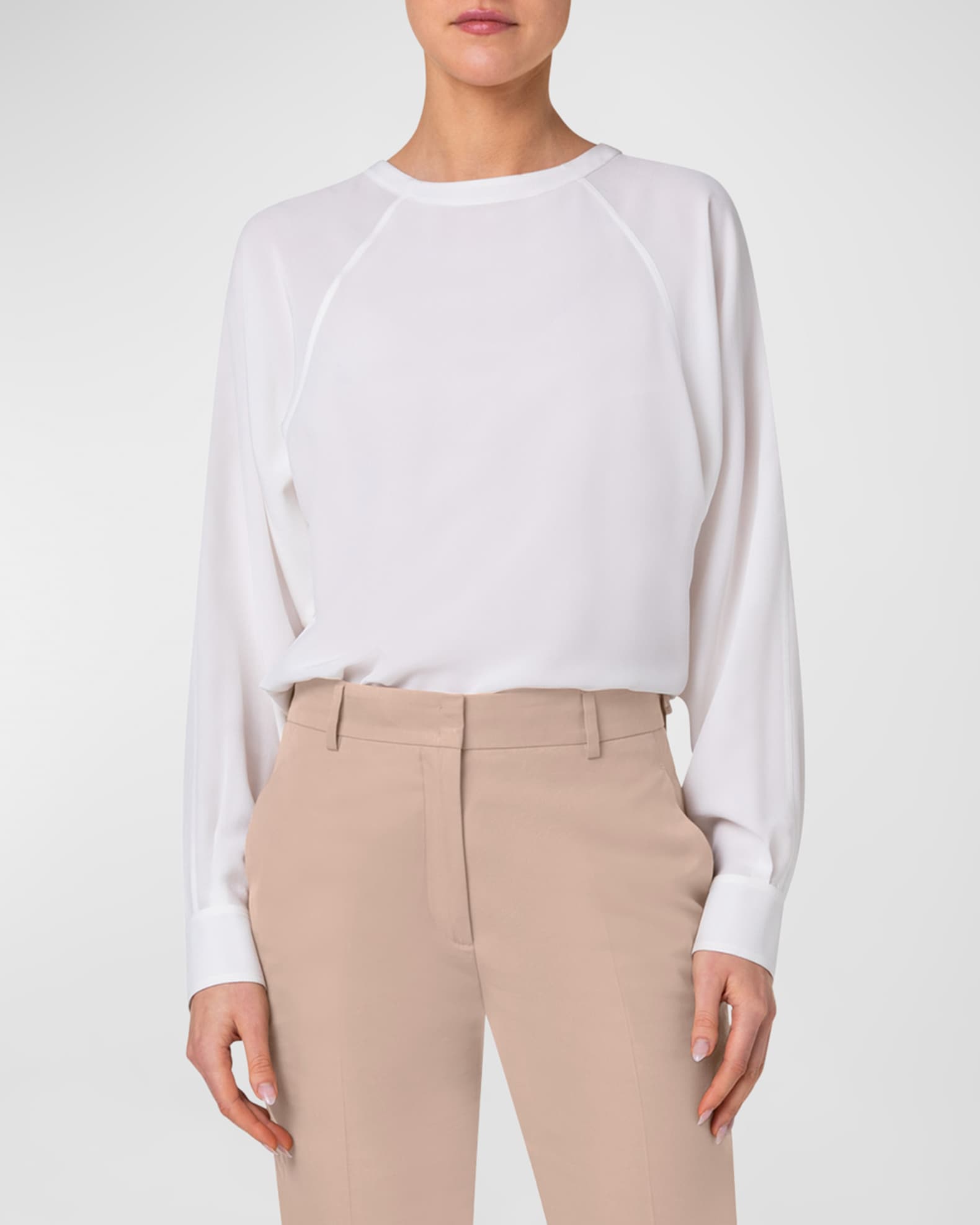 Akris Crewneck Long-Sleeve Silk Crepe Blouse | Neiman Marcus