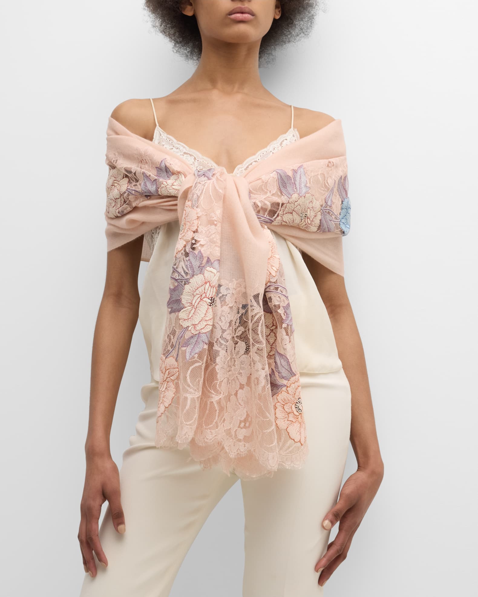 Janavi Multi-Color Peonies Cashmere & Silk Scarf | Neiman Marcus