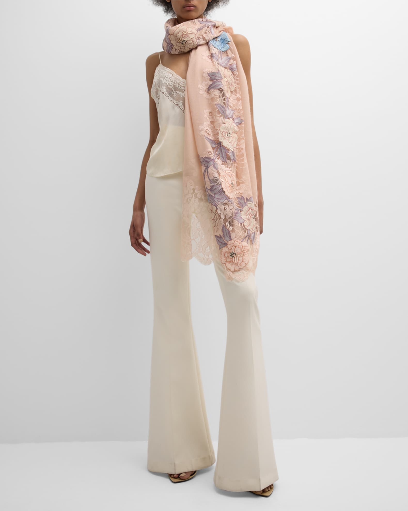 Janavi Multi-Color Peonies Cashmere & Silk Scarf | Neiman Marcus