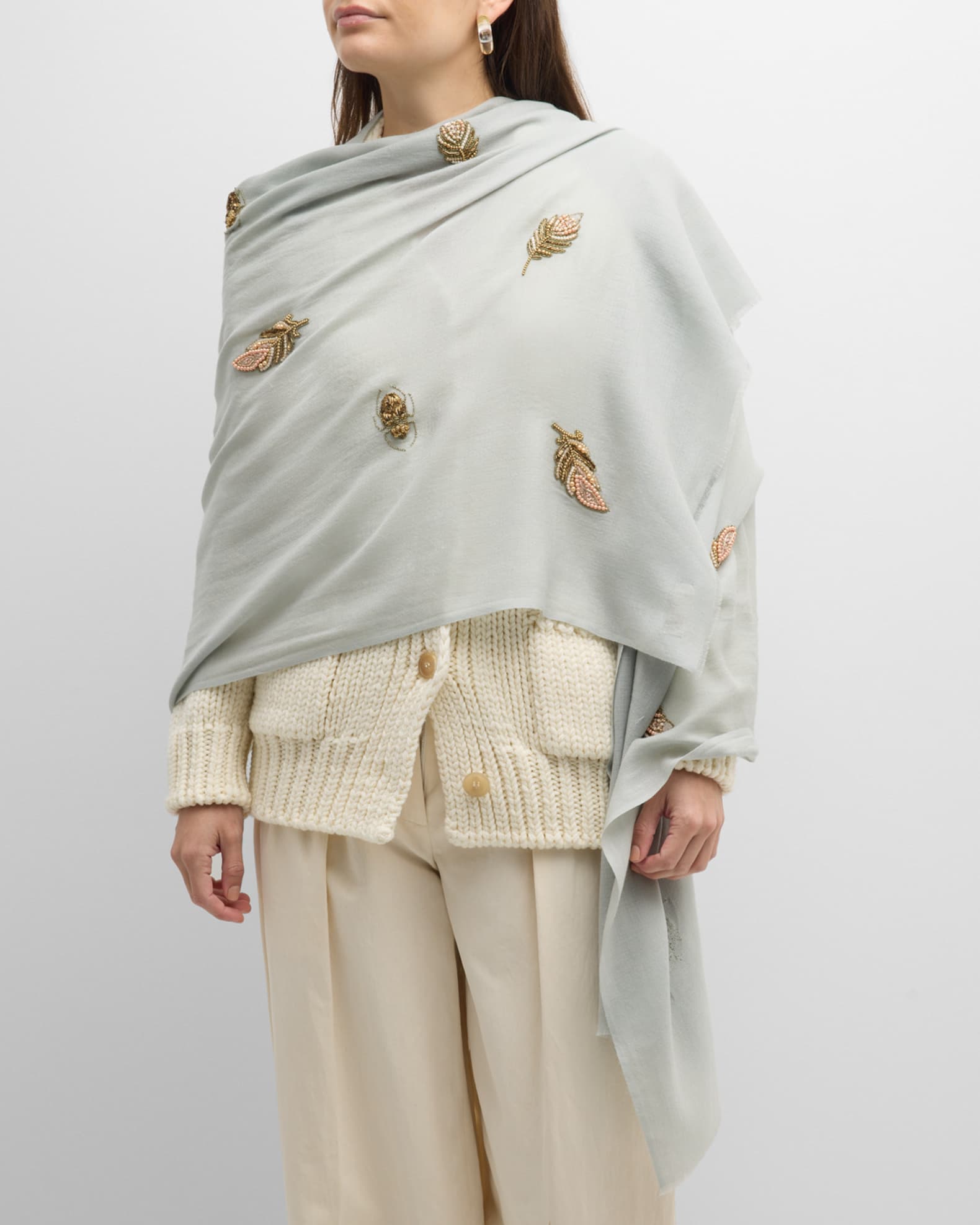 Janavi Feather Bugs Beaded Merino Wool Scarf | Neiman Marcus