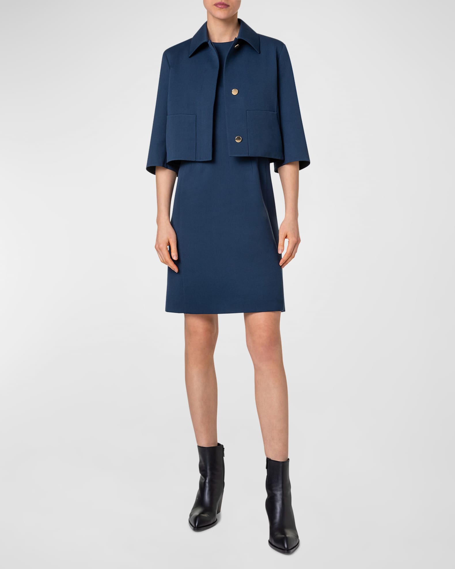 Akris Winslow 3/4-Sleeve Double-Face Wool Boxy Crop Jacket | Neiman Marcus