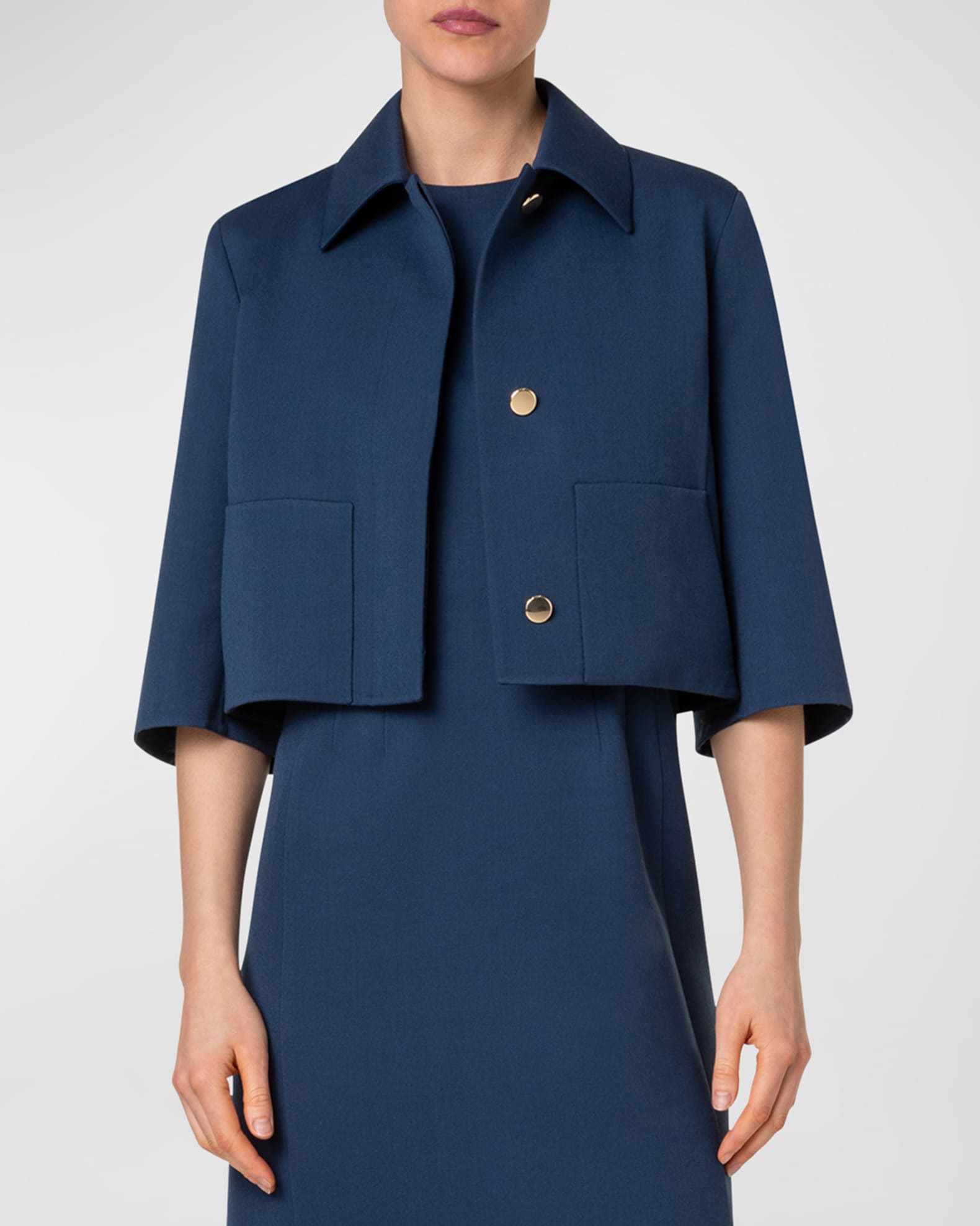 Akris Winslow 3/4-Sleeve Double-Face Wool Boxy Crop Jacket | Neiman Marcus