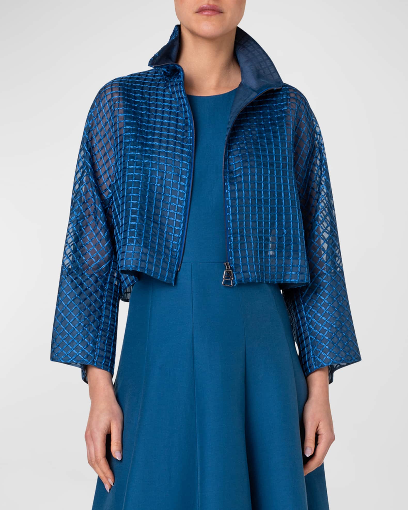 Akris Mimi Grid Embroidered Crop Zip Jacket | Neiman Marcus