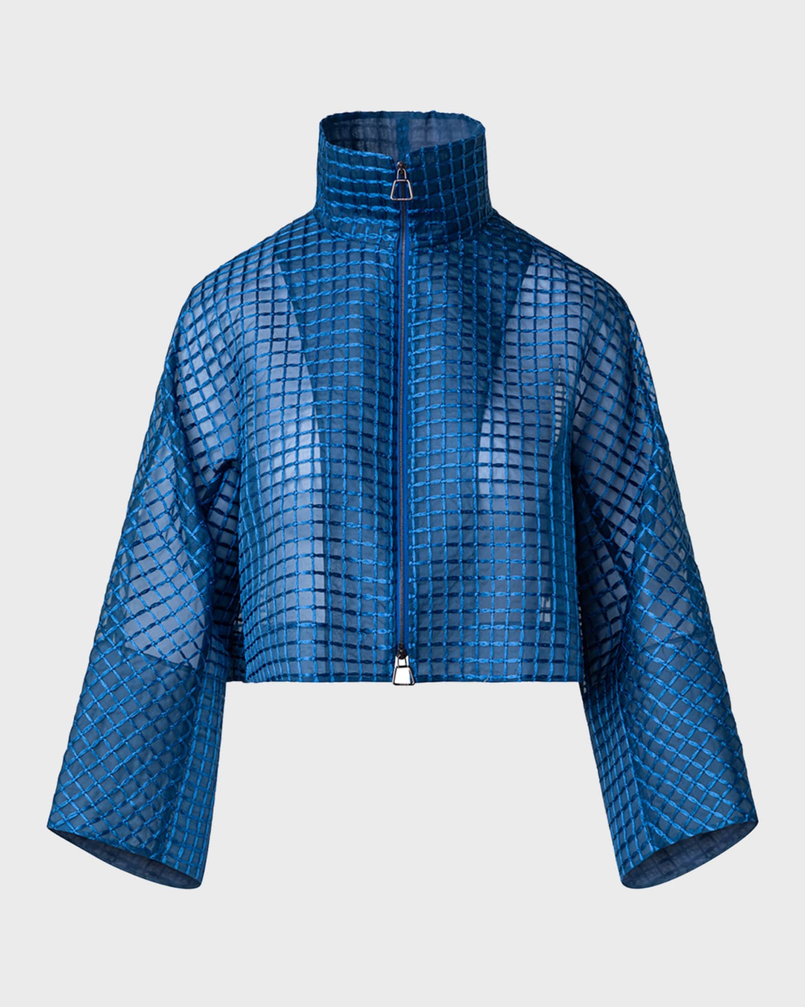 Akris Mimi Grid Embroidered Crop Zip Jacket | Neiman Marcus