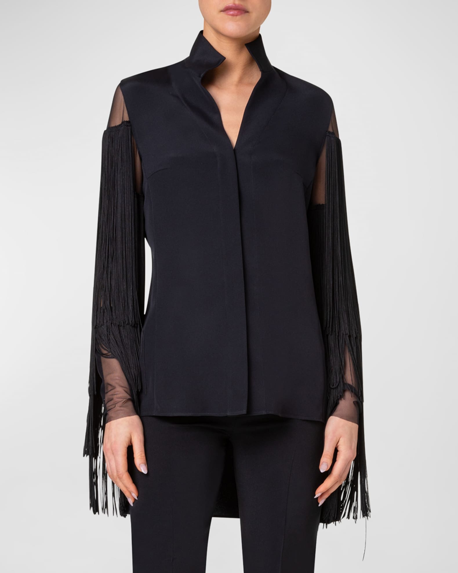 Akris Tiered Fringe-Sleeve Silk Tunic Top | Neiman Marcus