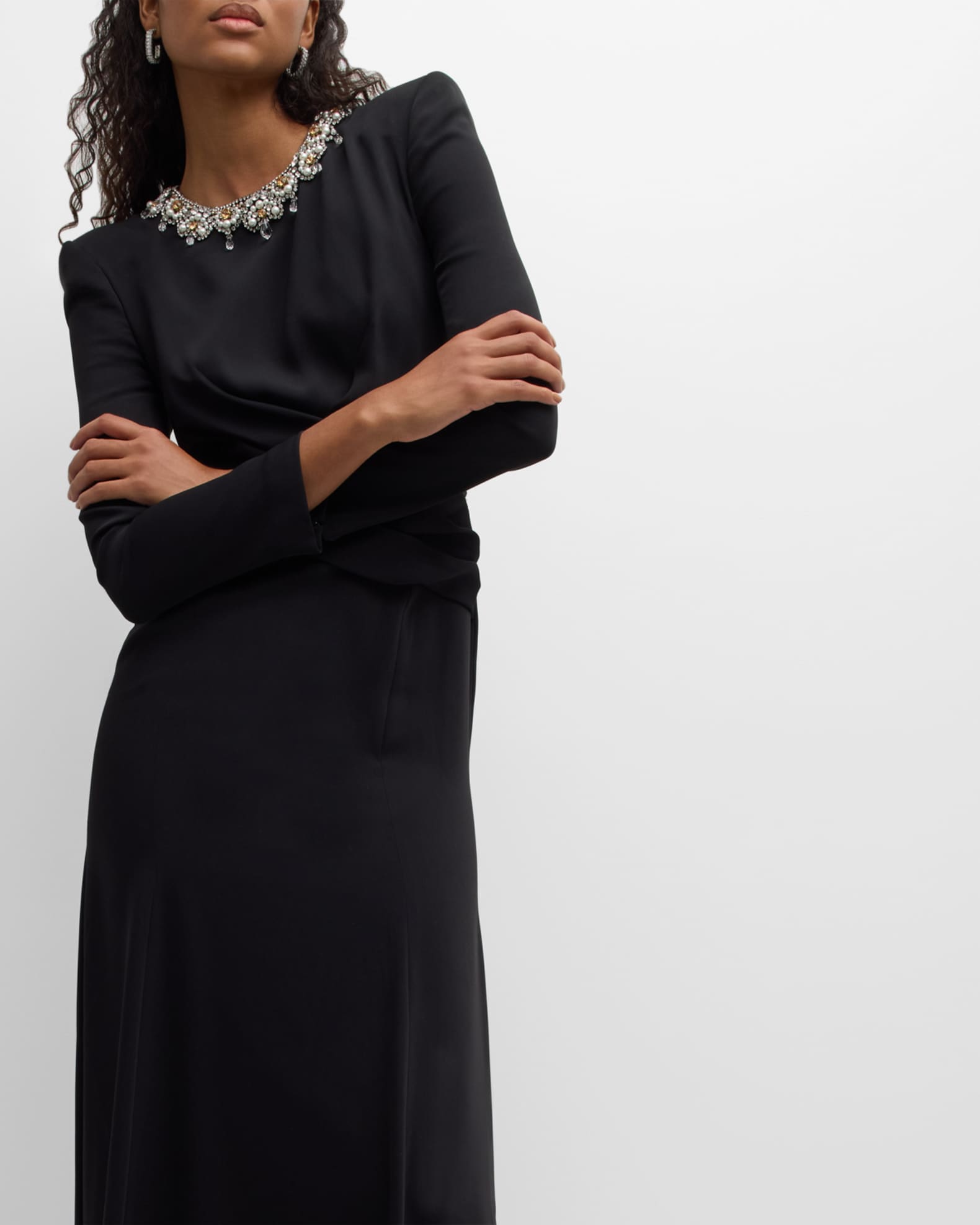 Jenny Packham Plaza Crystal Draped Strong-Shoulder Long-Sleeve Gown ...