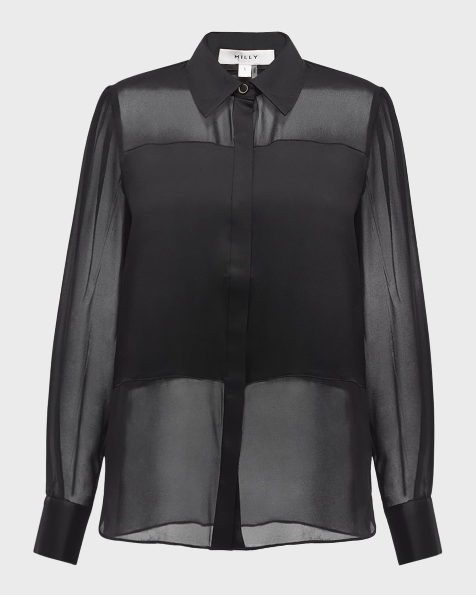 Milly Andy Sheer-Panel Button-Down Satin Blouse | Neiman Marcus