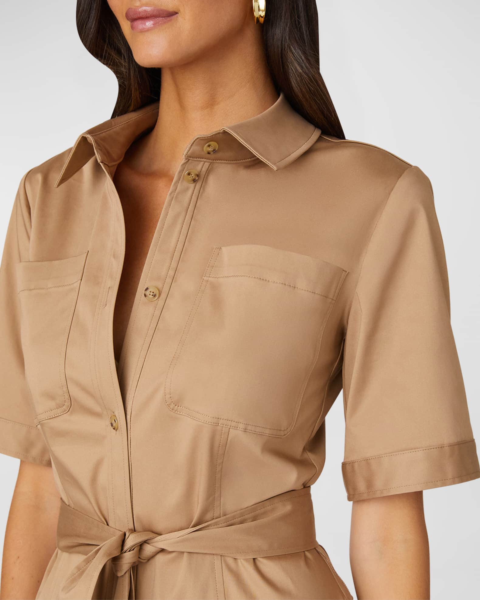 Shoshanna Keri Tie-Belt Stretch Cotton Midi Shirtdress | Neiman Marcus