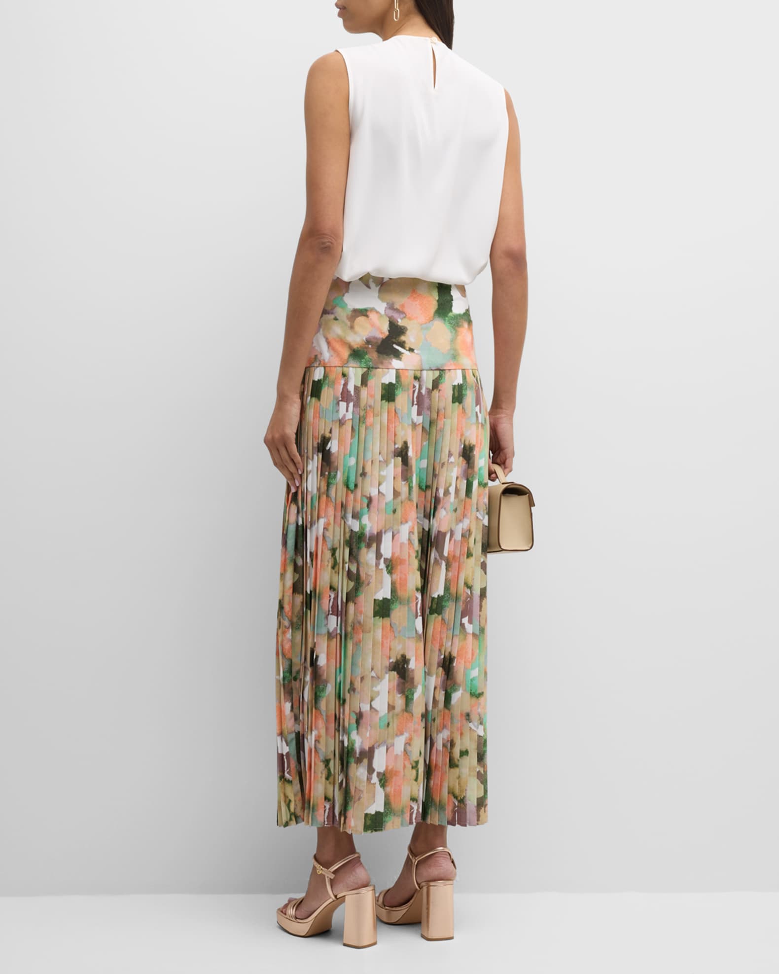 Misook Pleated Watercolor-Print A-Line Maxi Skirt | Neiman Marcus