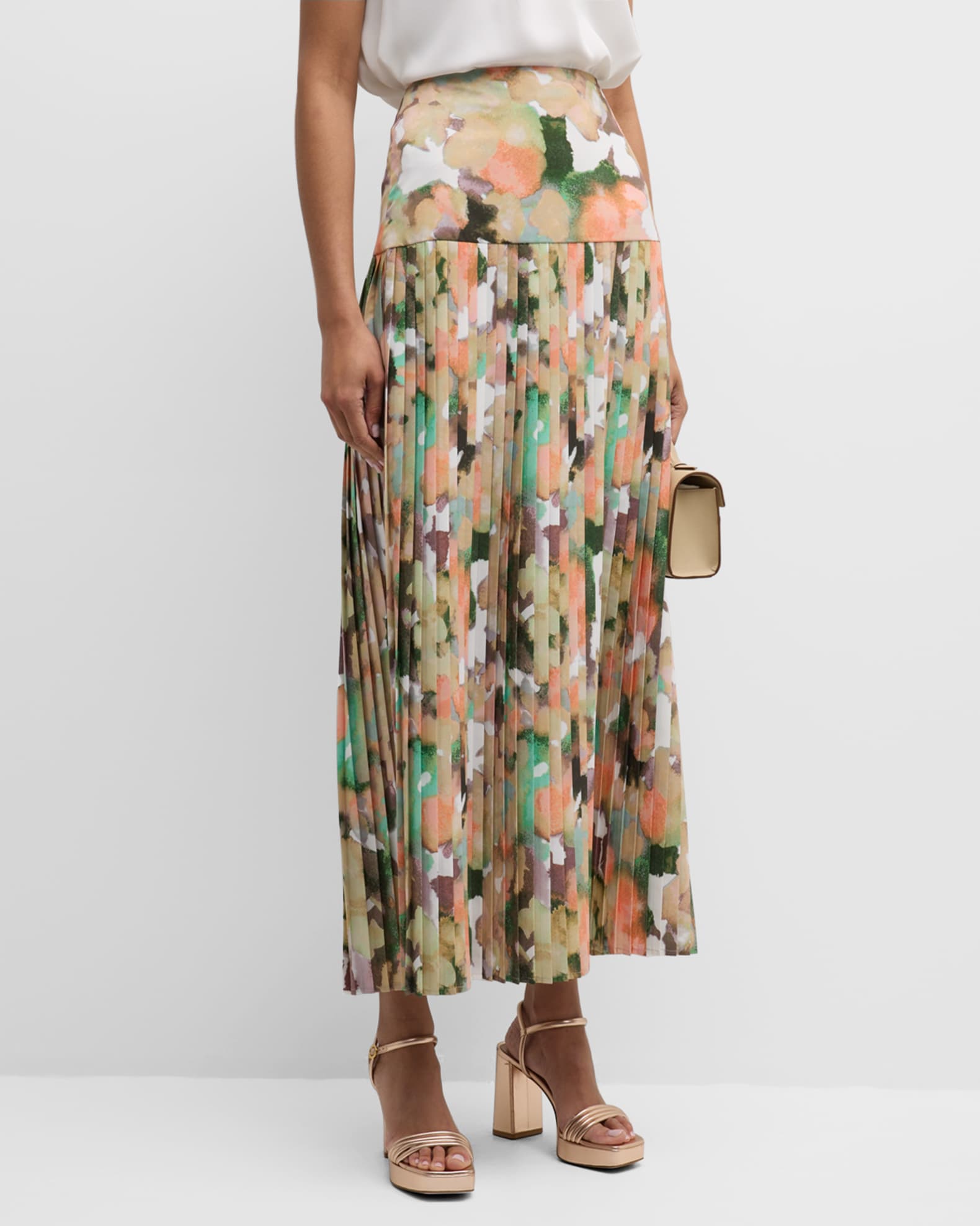 Misook Pleated Watercolor-Print A-Line Maxi Skirt | Neiman Marcus