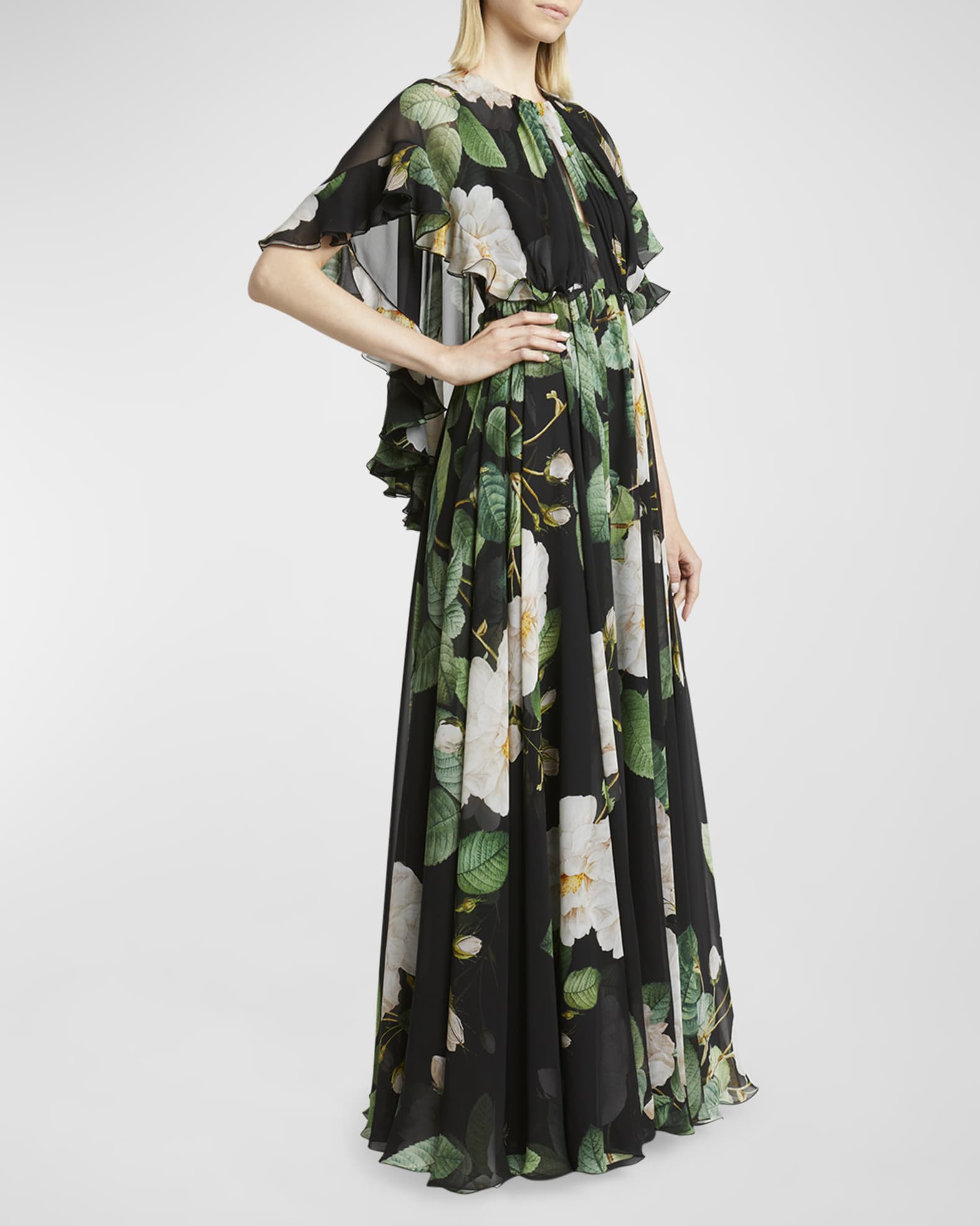 Giambattista Valli Floral-Print Gathered Chiffon Ruffle-Cape Maxi Dress ...
